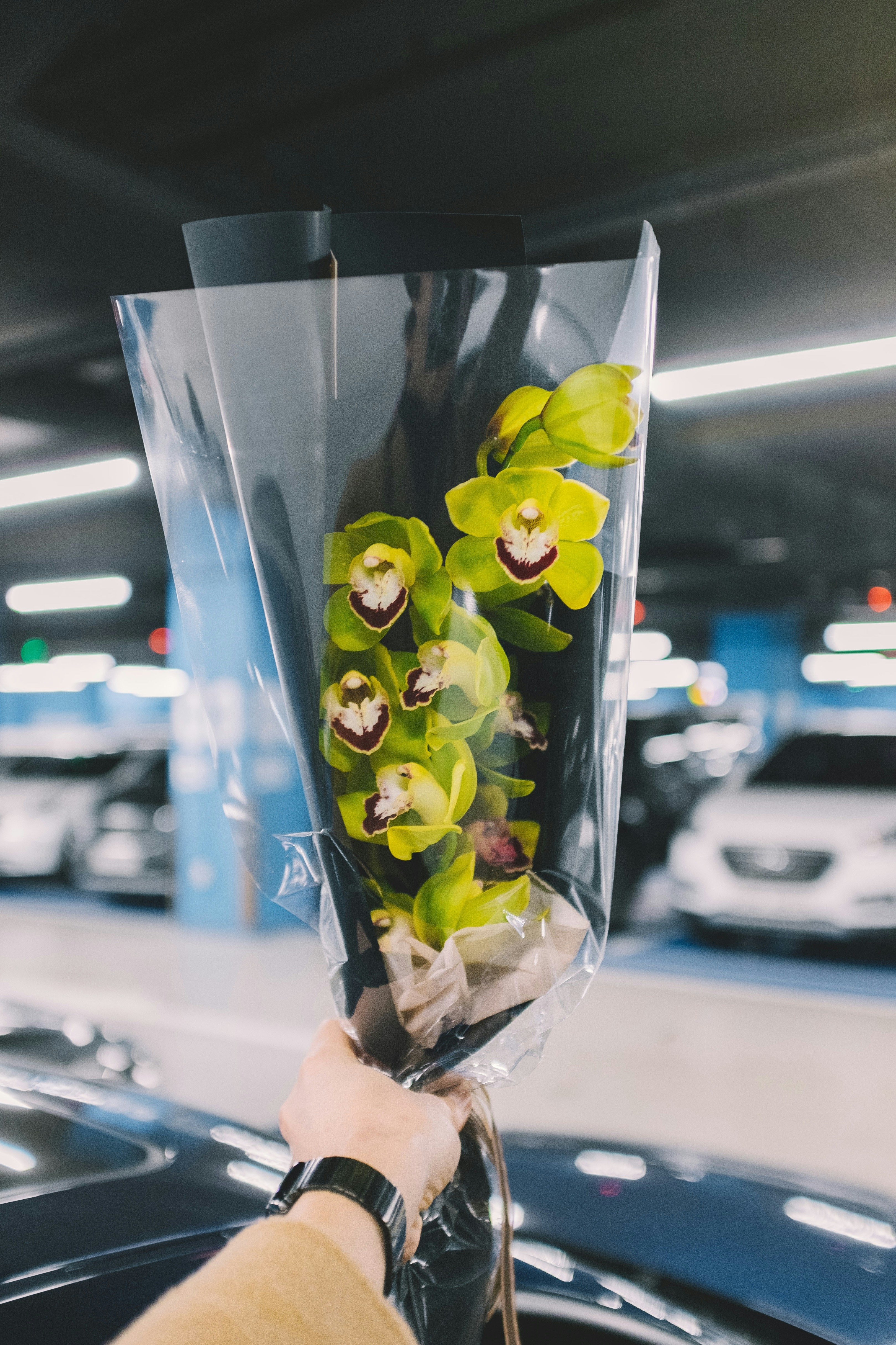 Handing a bouquet of neon orchids in a dim parking garage