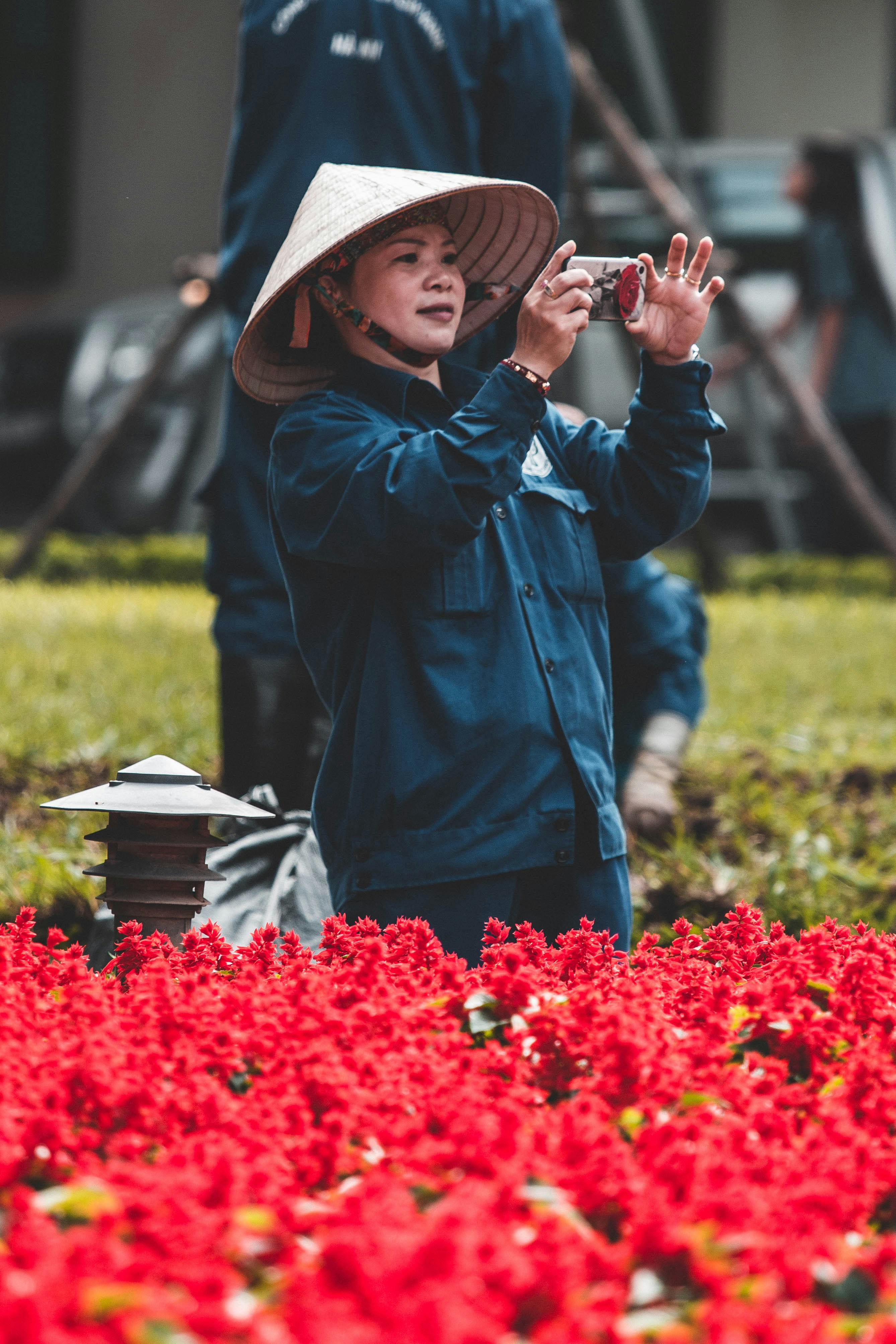 Conical-Hatted Photographer Amid Crimson Blooms