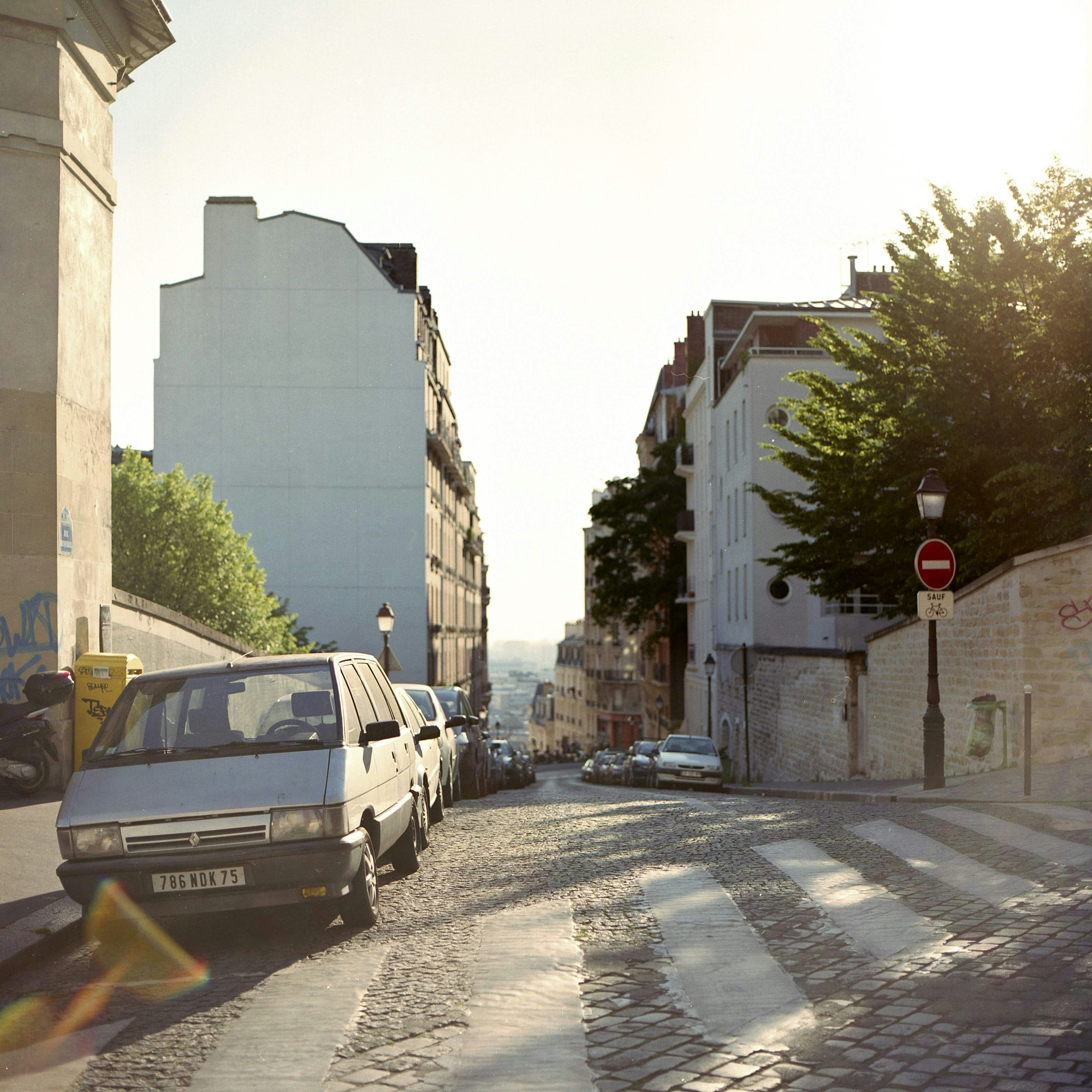 Cobblestone street in Paris lined with vintage cars and lush greenery, capturing the essence of urban charm.