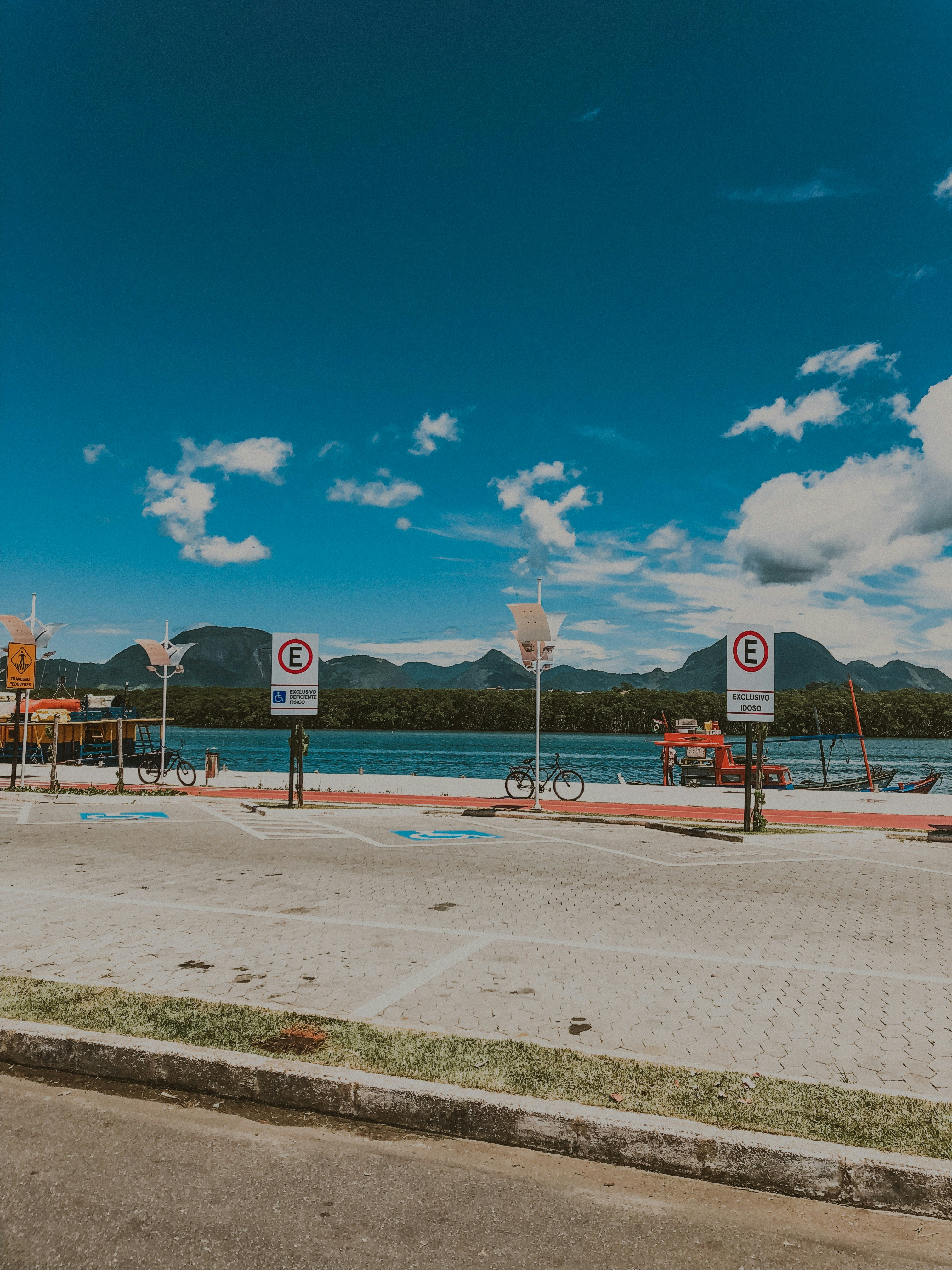 Lakeside Parking by the Distant Mountains
