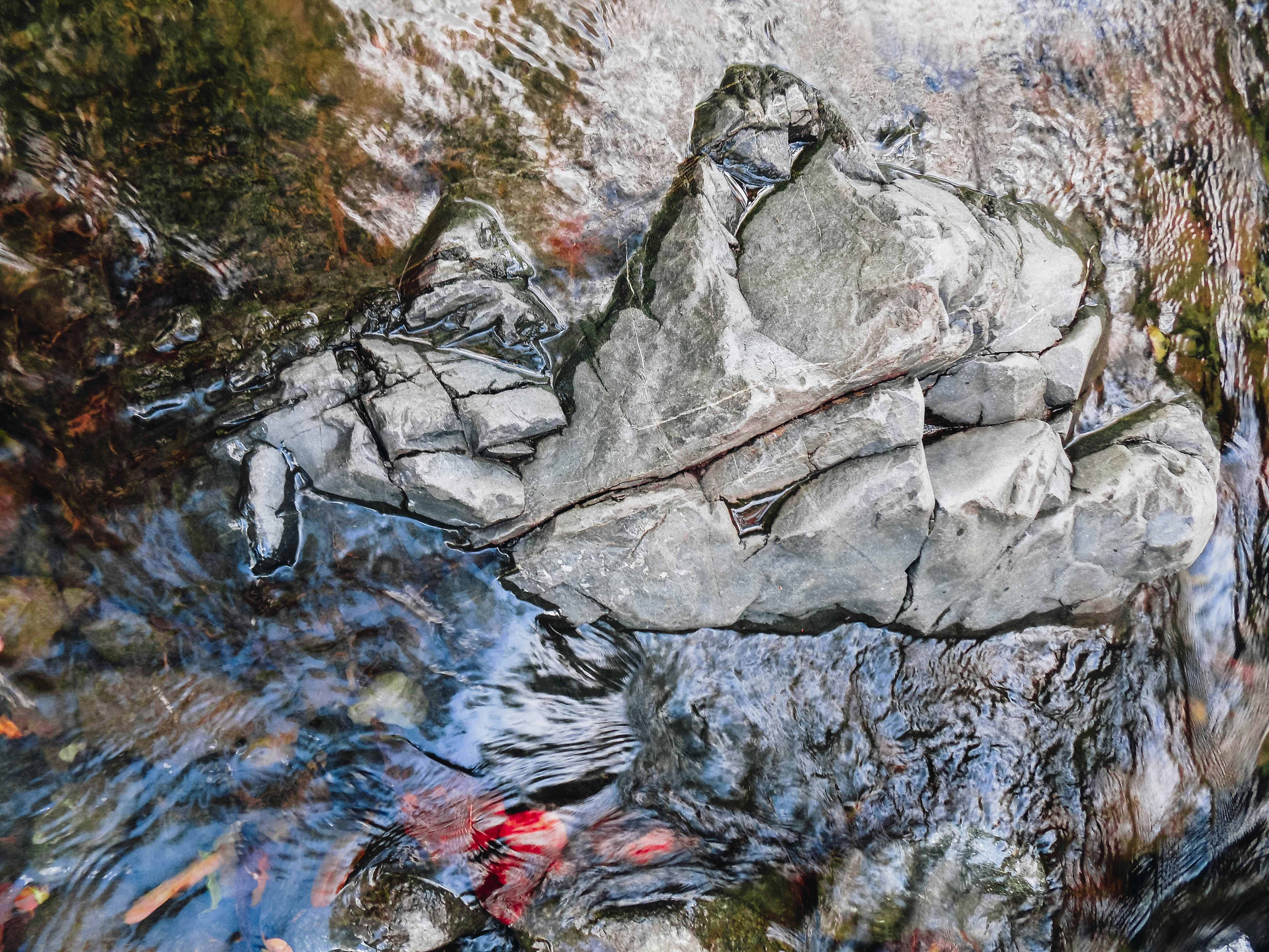 A photograph captures weathered granite rocks rising from a shallow river, with reflections of surrounding trees on the rippling water. The composition emphasizes the contrast between solid stone and moving surface.