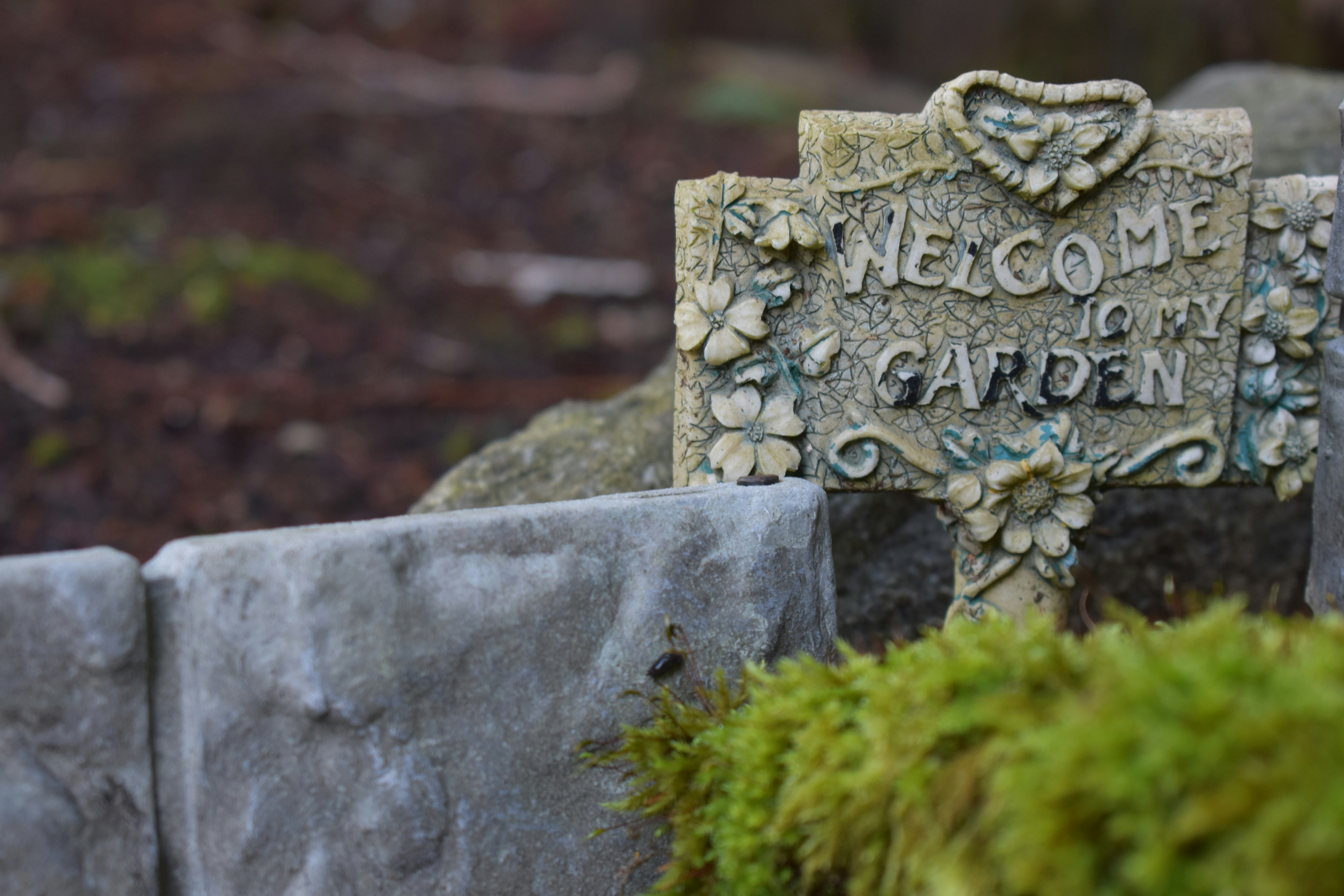 Moss-Covered Welcome Plaque with Floral Relief in a Tranquil Garden