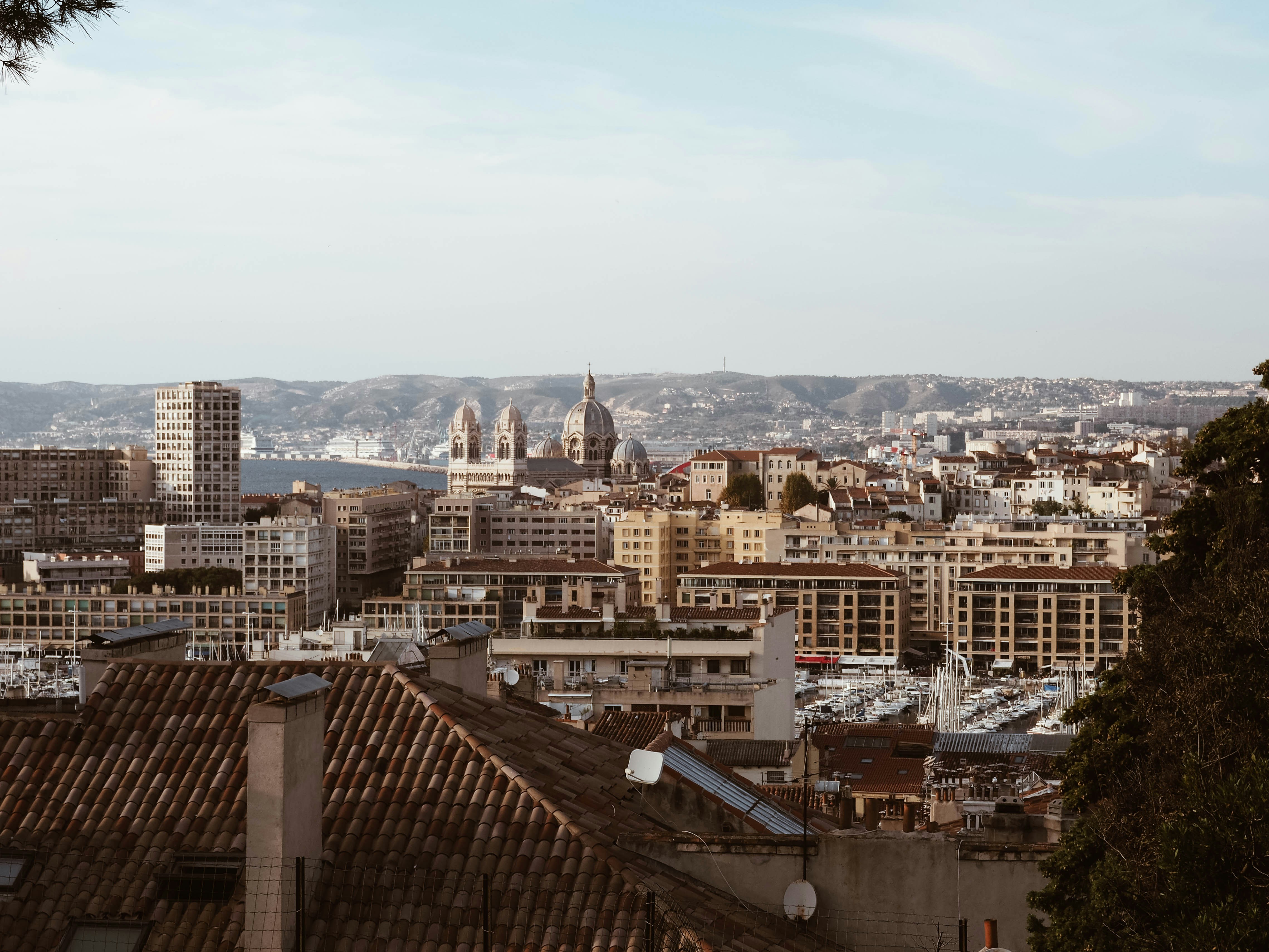 A panoramic view of Marseille's cityscape featuring historic architecture and the distant hills, showcasing the blend of urban life and nature.