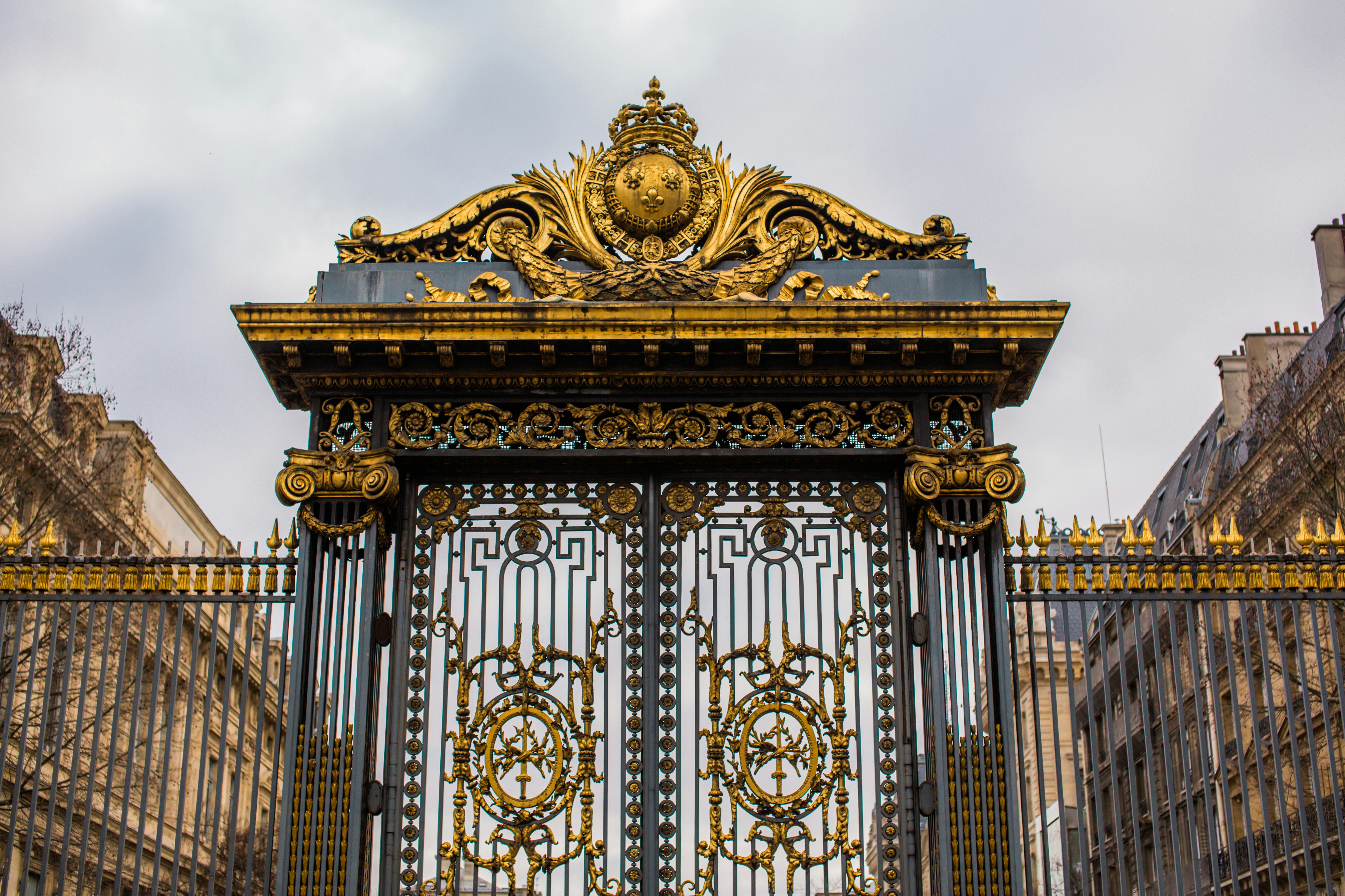 Gilded Gate: Heraldic Crest Framing a Parisian Facade
