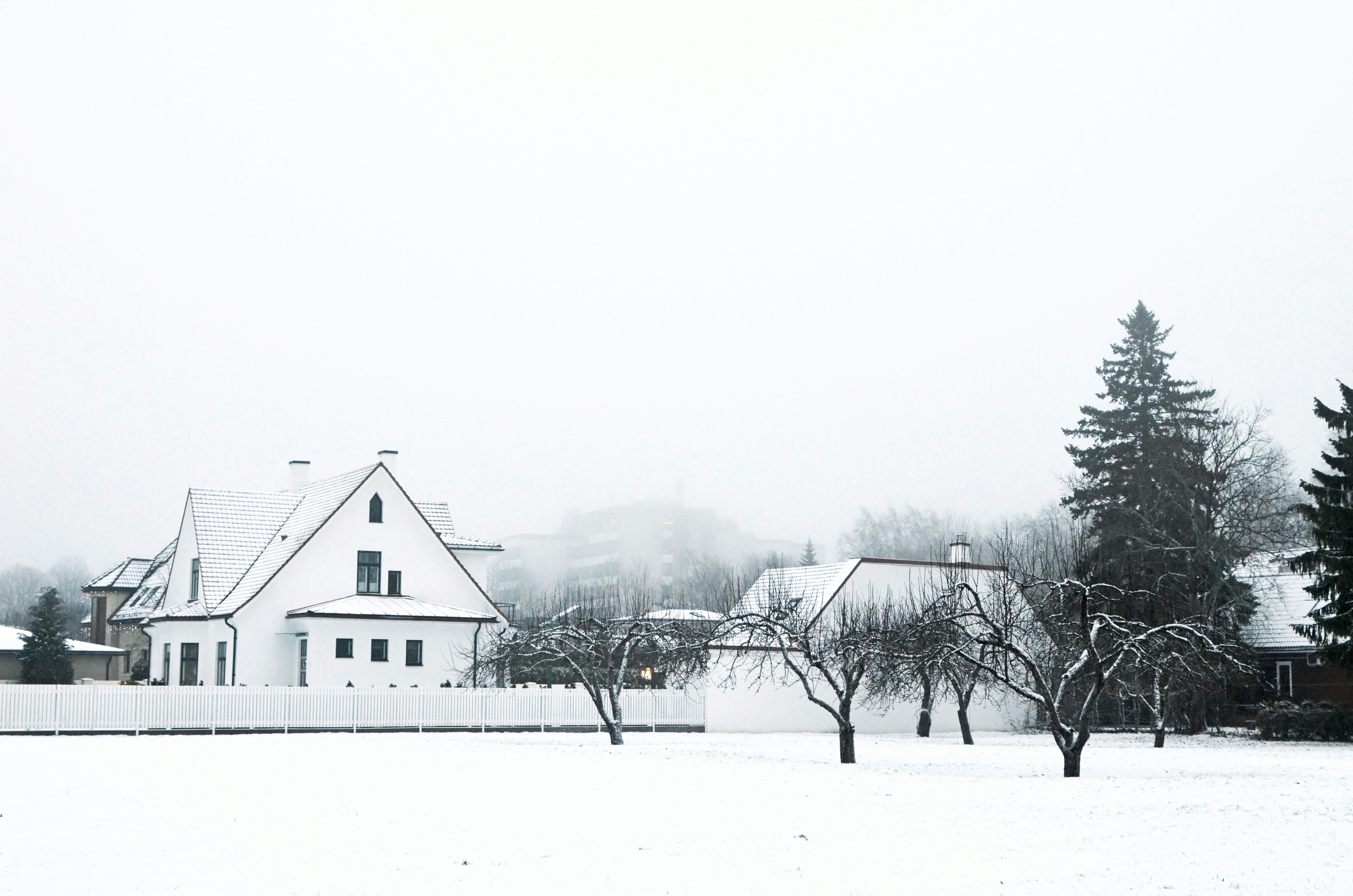 A tranquil winter scene featuring a white homestead surrounded by snow-covered trees and a foggy backdrop. The landscape evokes a sense of calm and stillness.