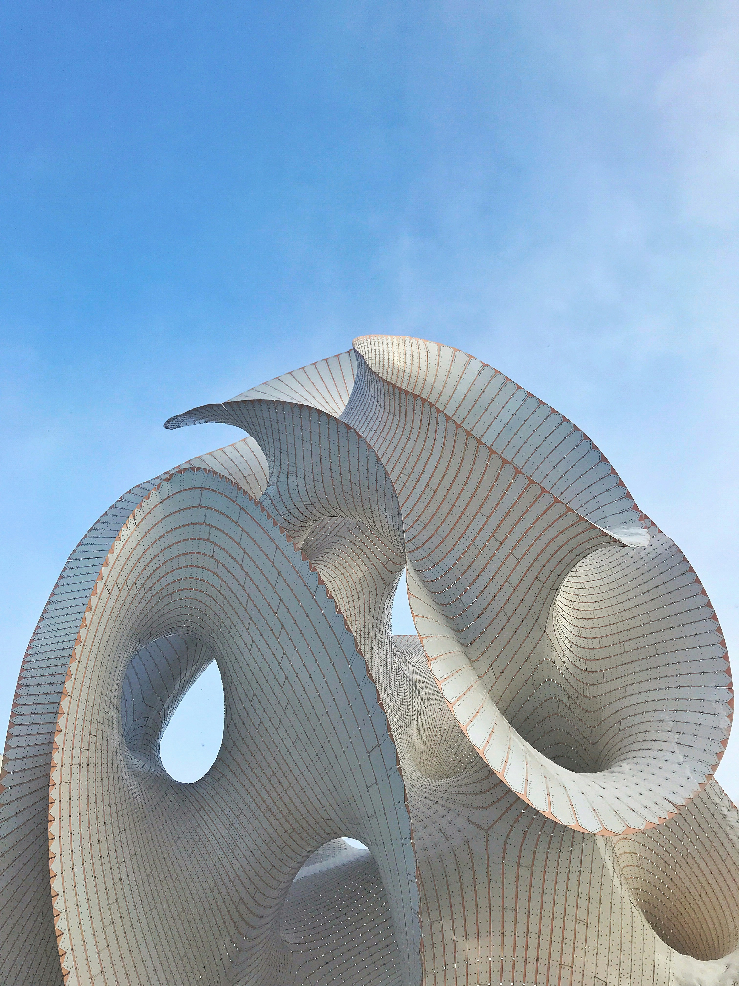 Intricate architectural sculpture featuring flowing curves and textured surfaces against a clear blue sky.
