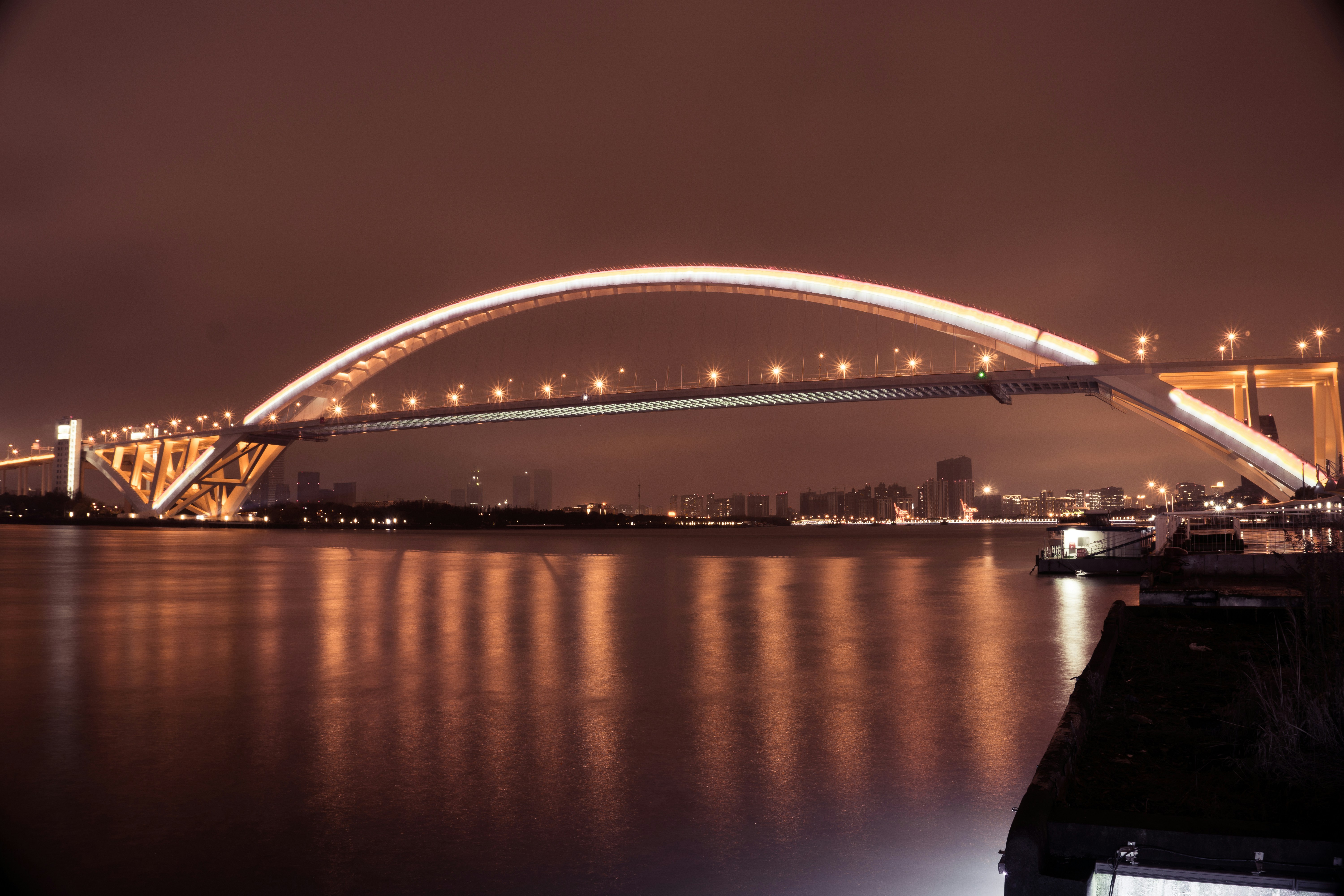 Neon Arc over Quiet Waters: A Nighttime Urban Bridge