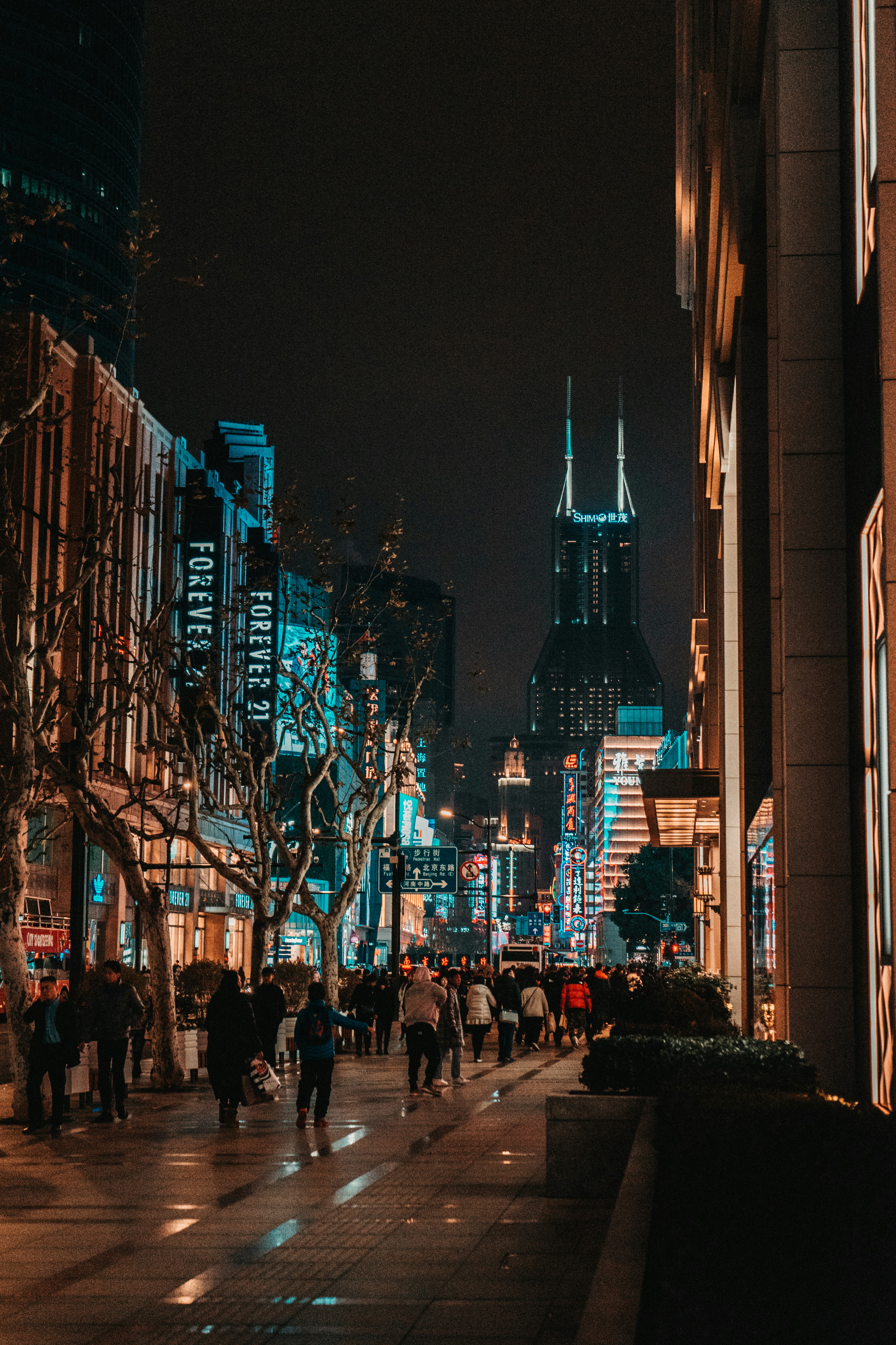 Neon Footpath Toward the Twin-Spired Skyline