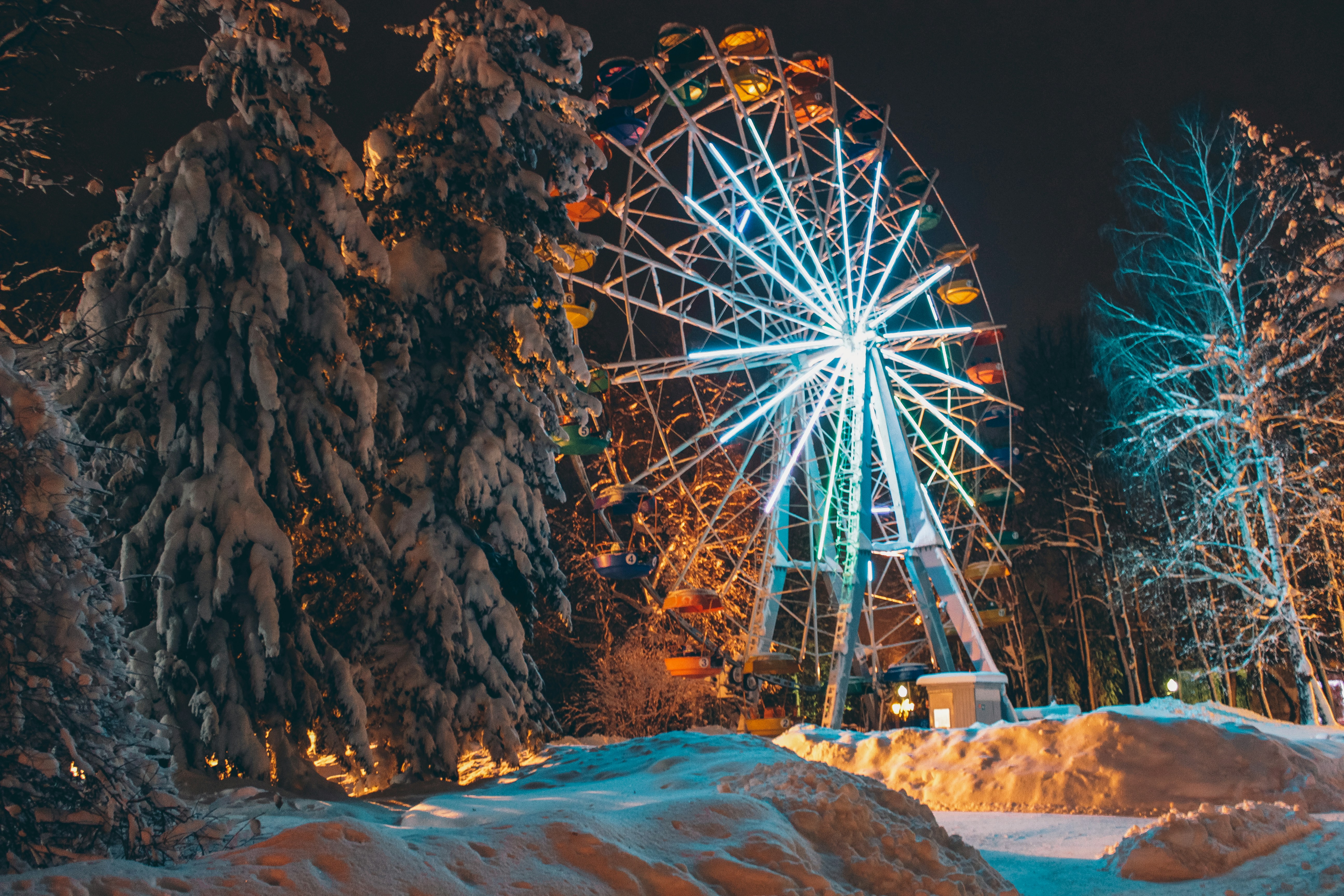 A brightly lit Ferris wheel stands amidst snow-covered trees, creating a magical winter scene at night.