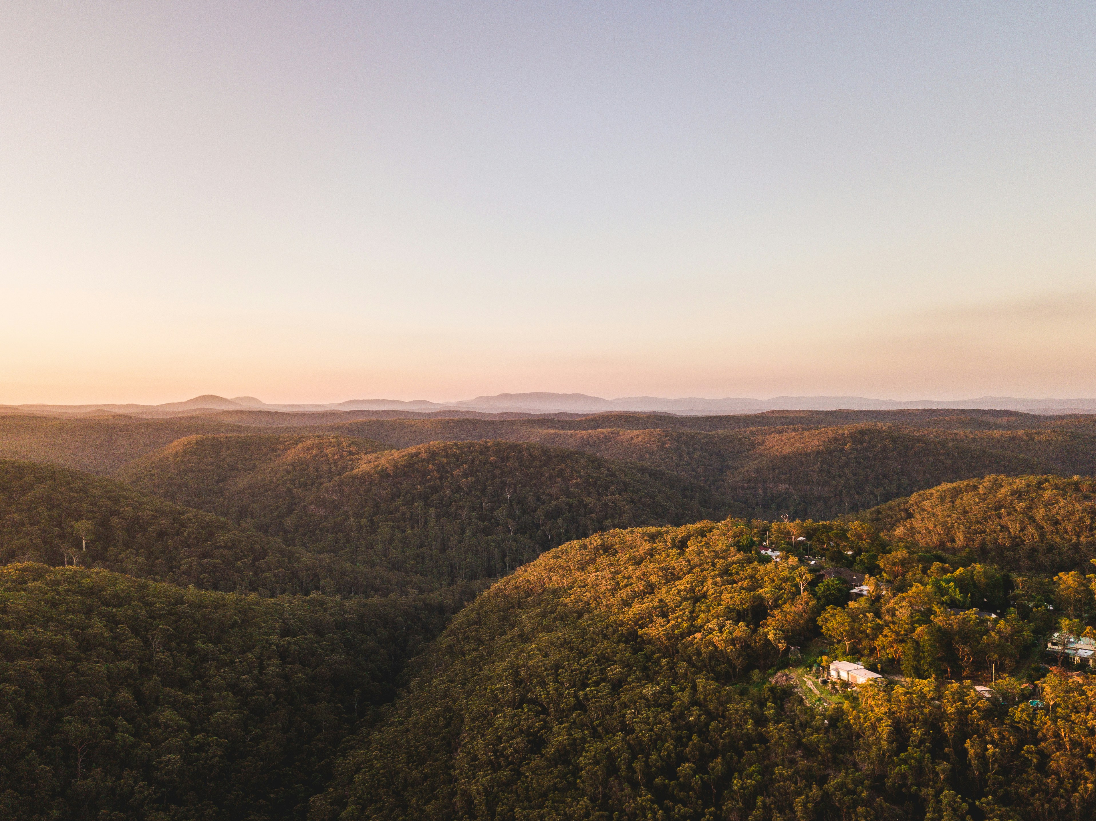 Aerial view of lush, undulating hills bathed in soft, golden light during sunset, showcasing a tranquil residential area nestled among the trees.