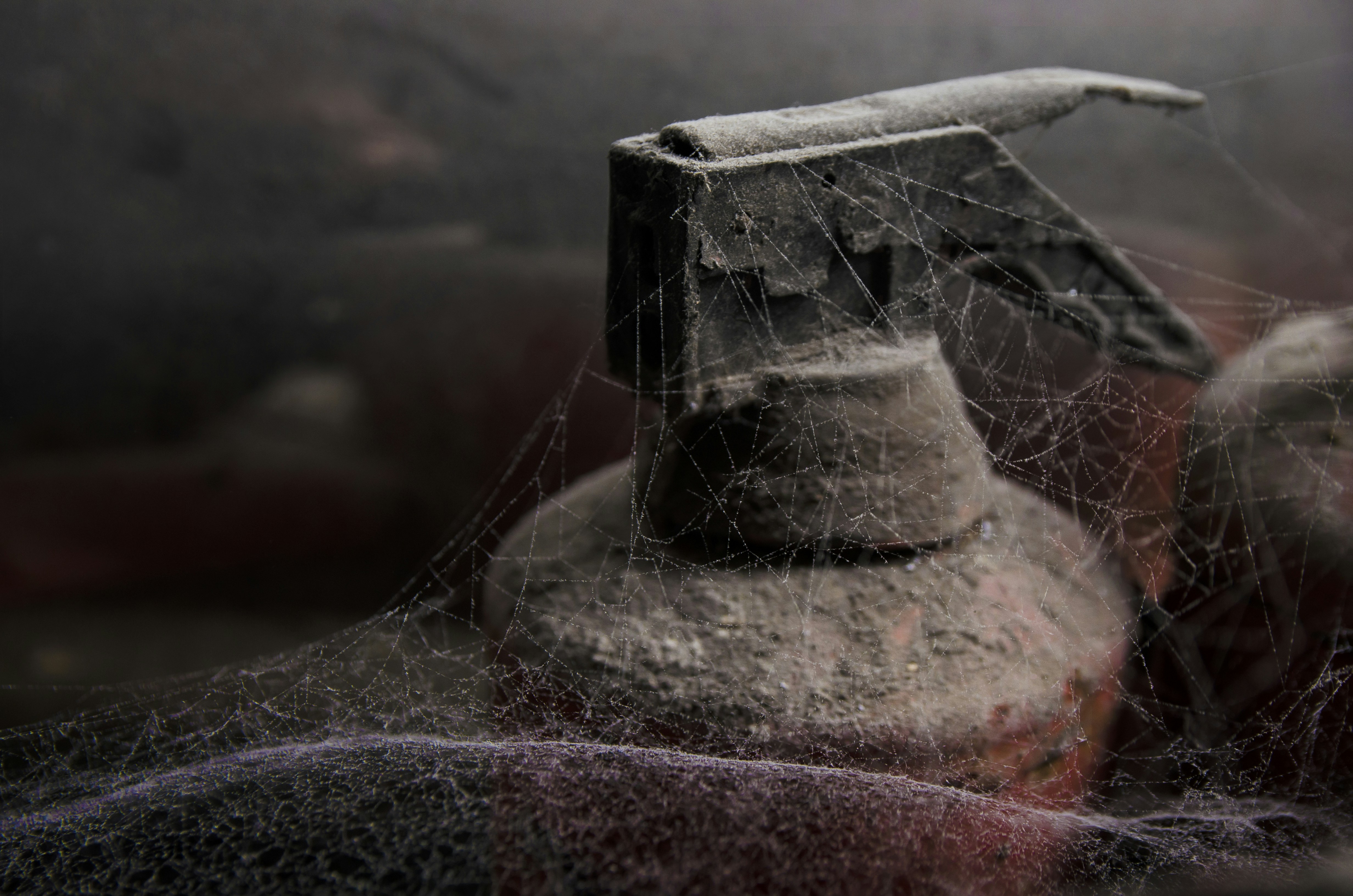 Cobwebbed Sentinel: A Rusted Spray Nozzle in the Quiet Workshop