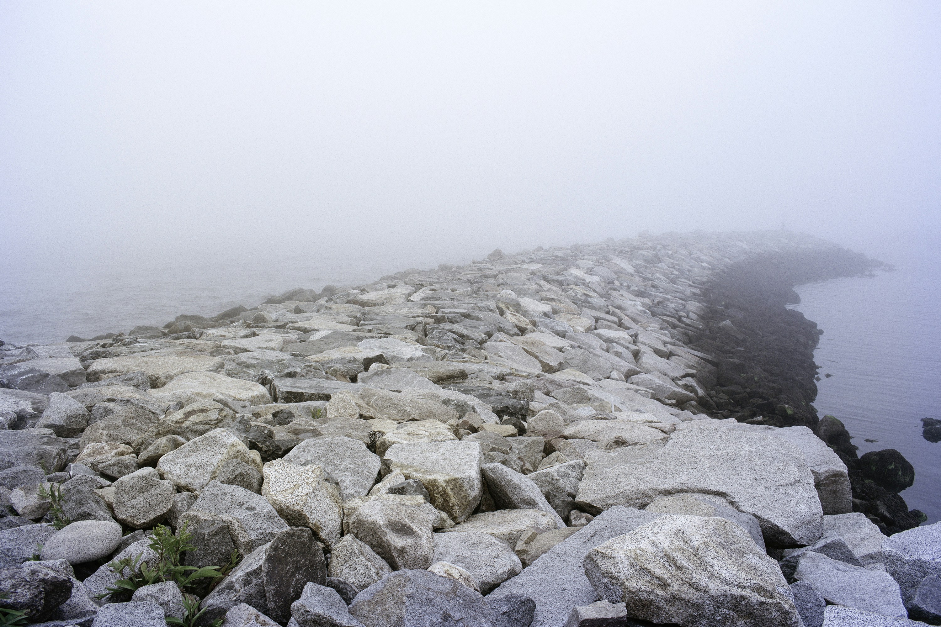 A fog-covered jetty made of large stones leads into the mysterious waters, creating an ethereal atmosphere.