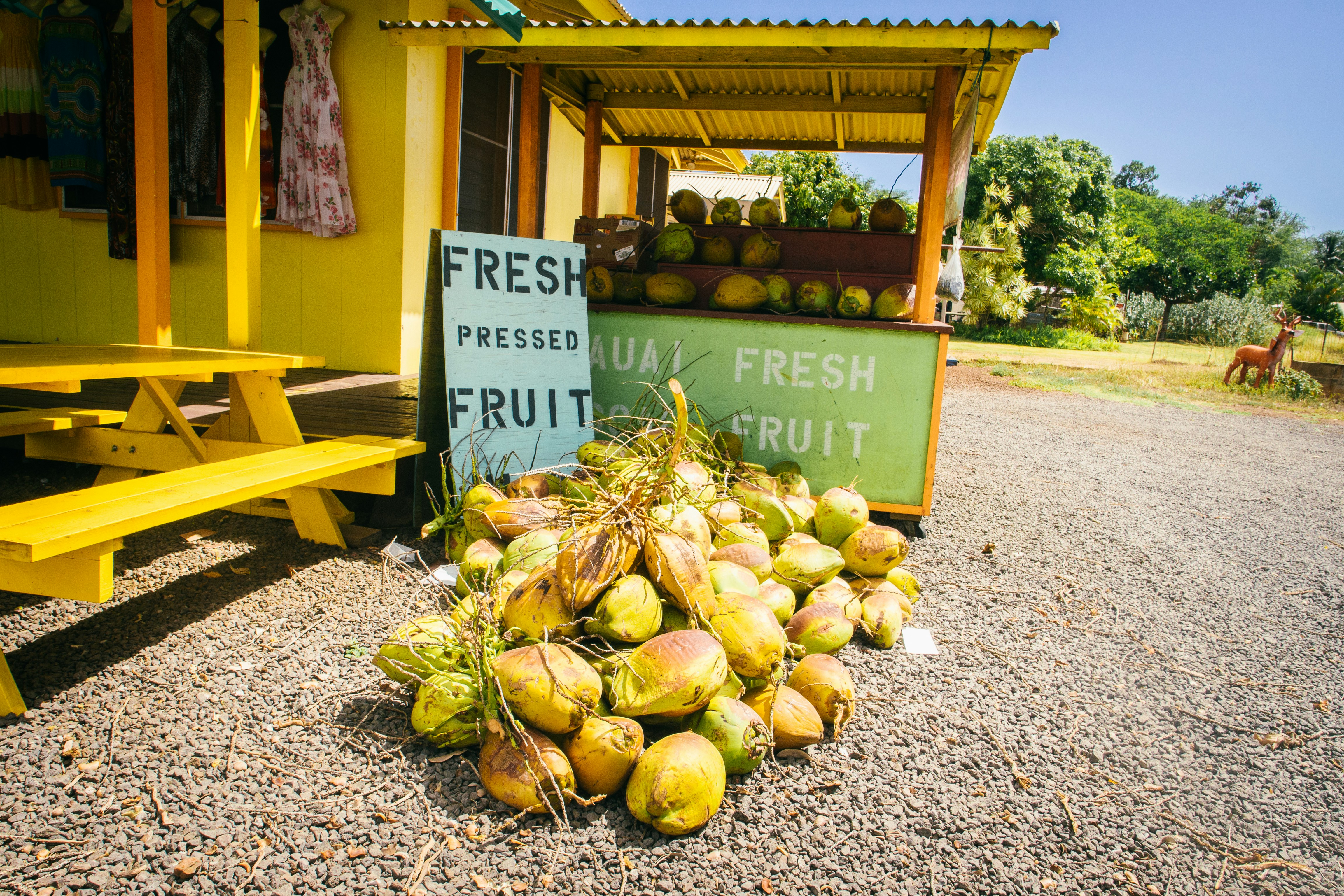 A vibrant assortment of coconuts piled near a cheerful yellow fruit stand, showcasing the local produce in a sunny setting.