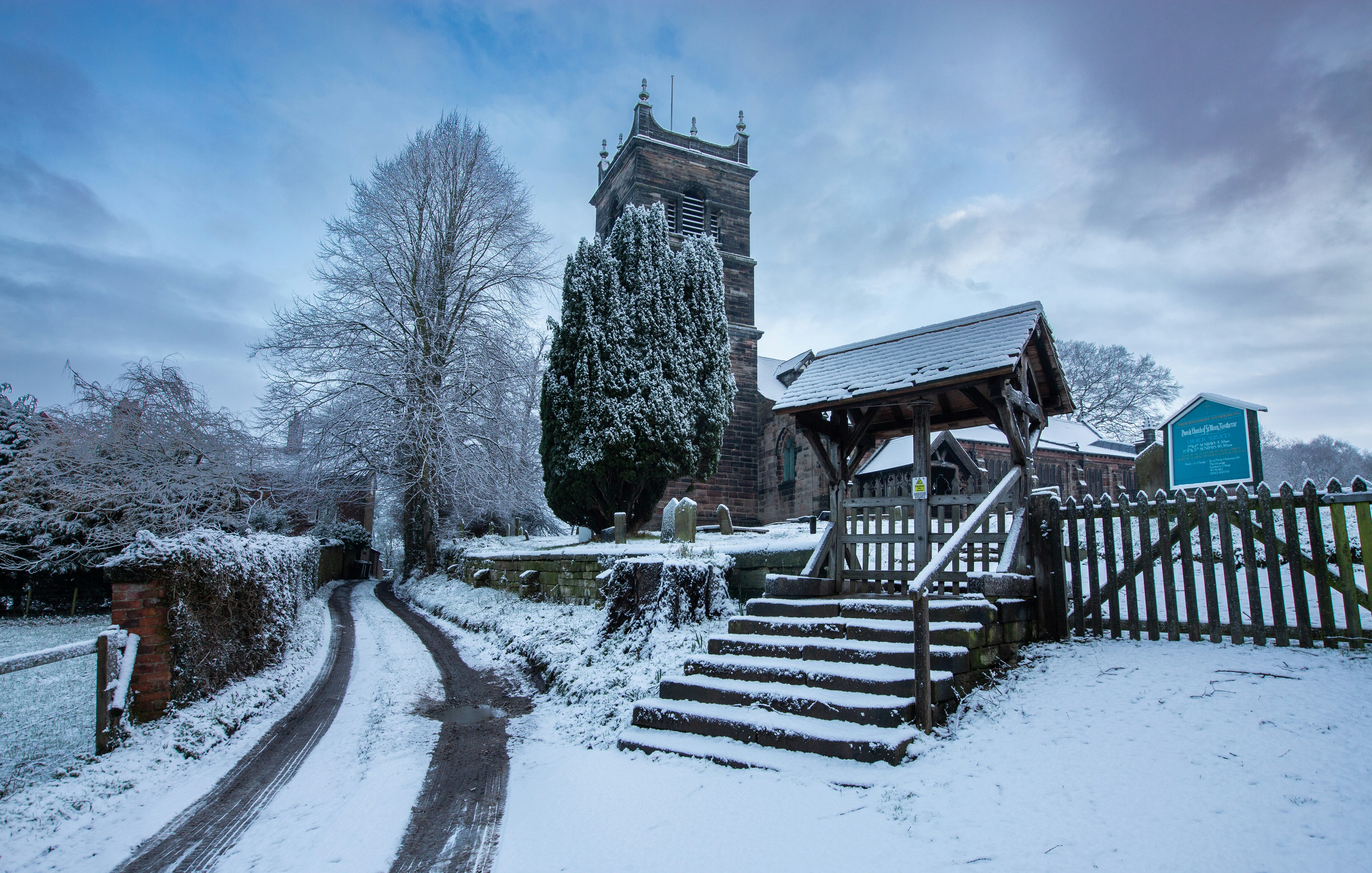 Snowbound Chapel and Clock Tower at the Village Gate