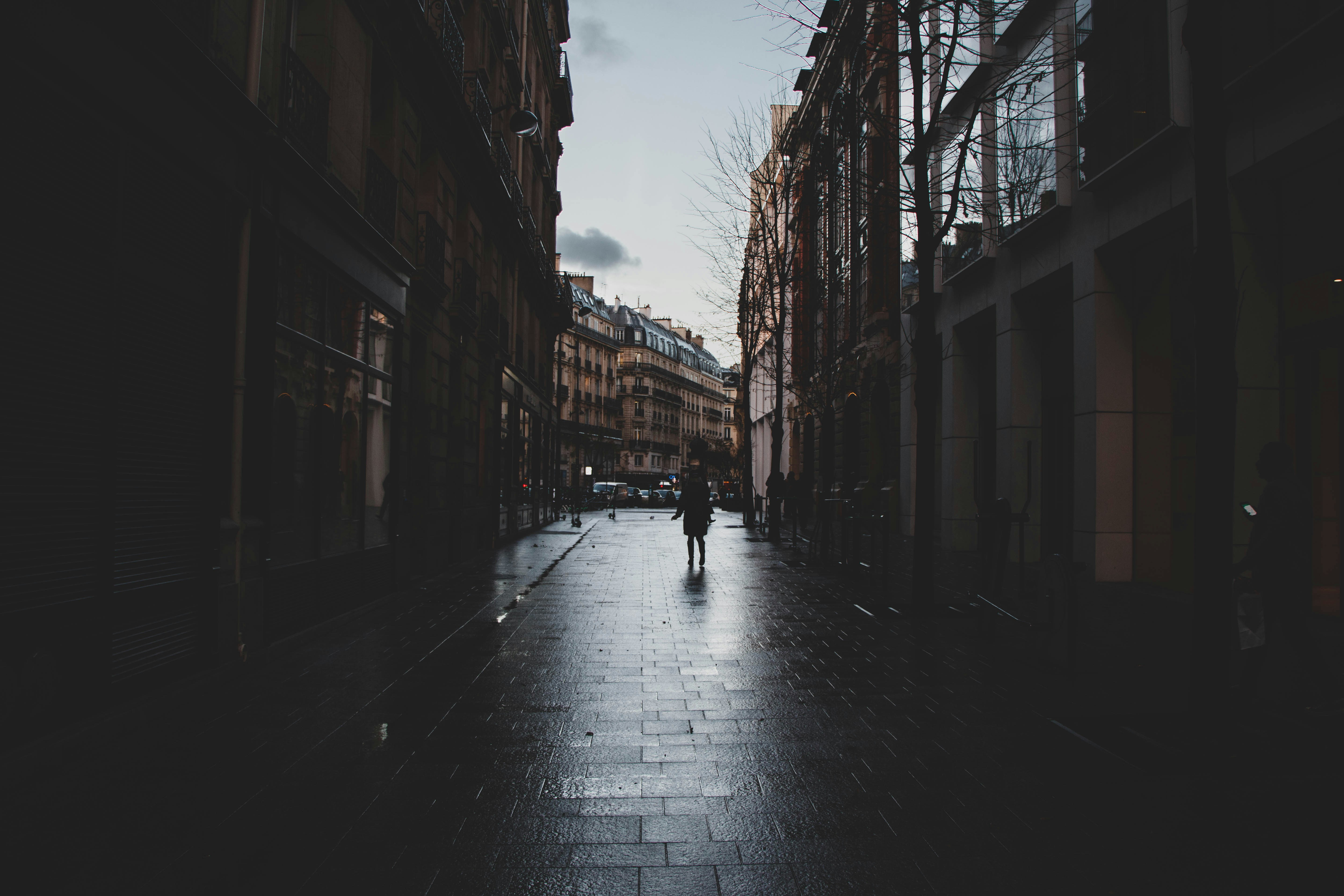 A lone figure walks down a narrow, glistening street as dusk settles, flanked by buildings that reflect the fading light.