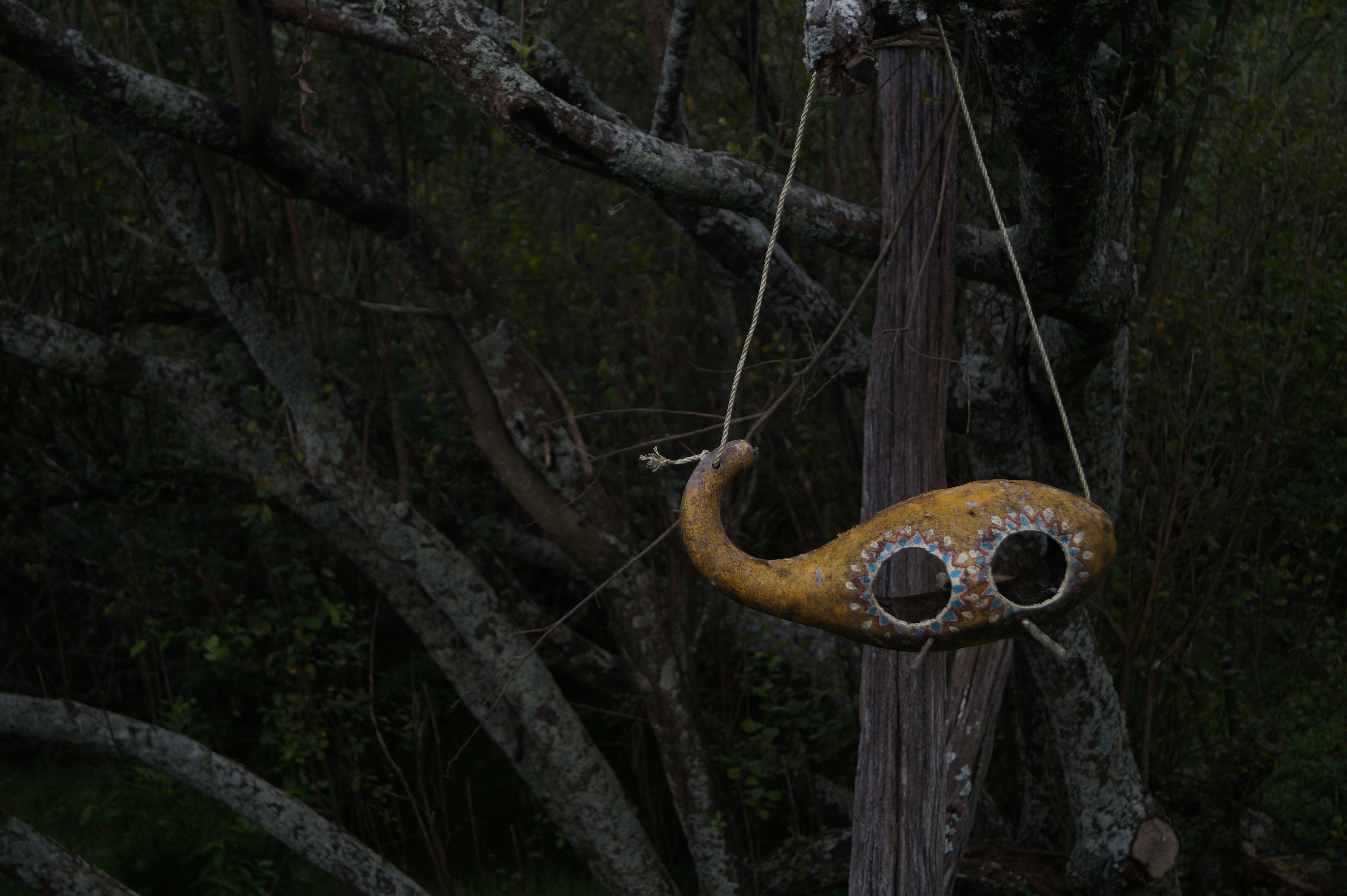 Rusted Mask on a Weathered Post: A Dusk-Wood Moment