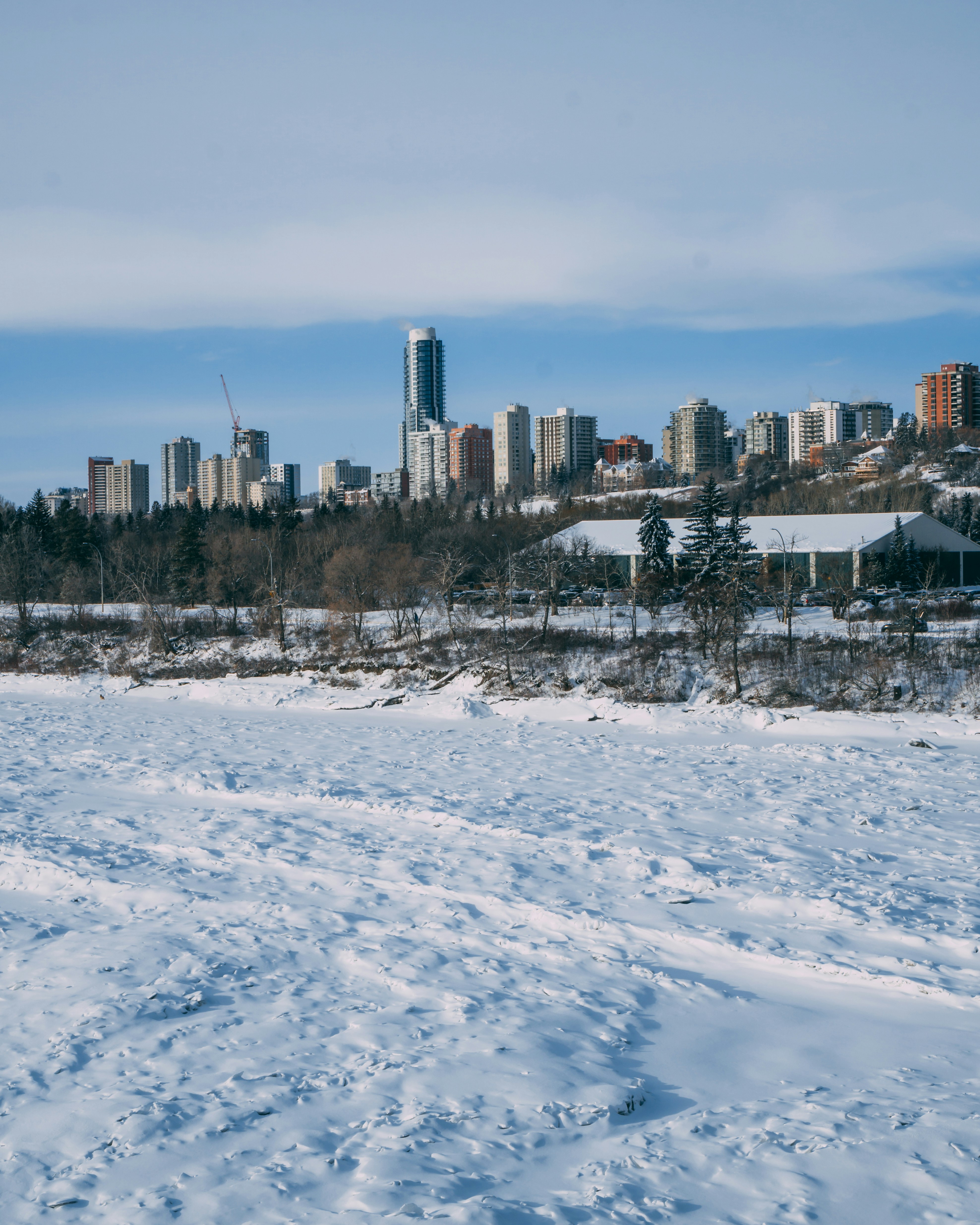 A snowy landscape contrasts with a skyline of modern buildings, showcasing the harmony between nature and urban development.
