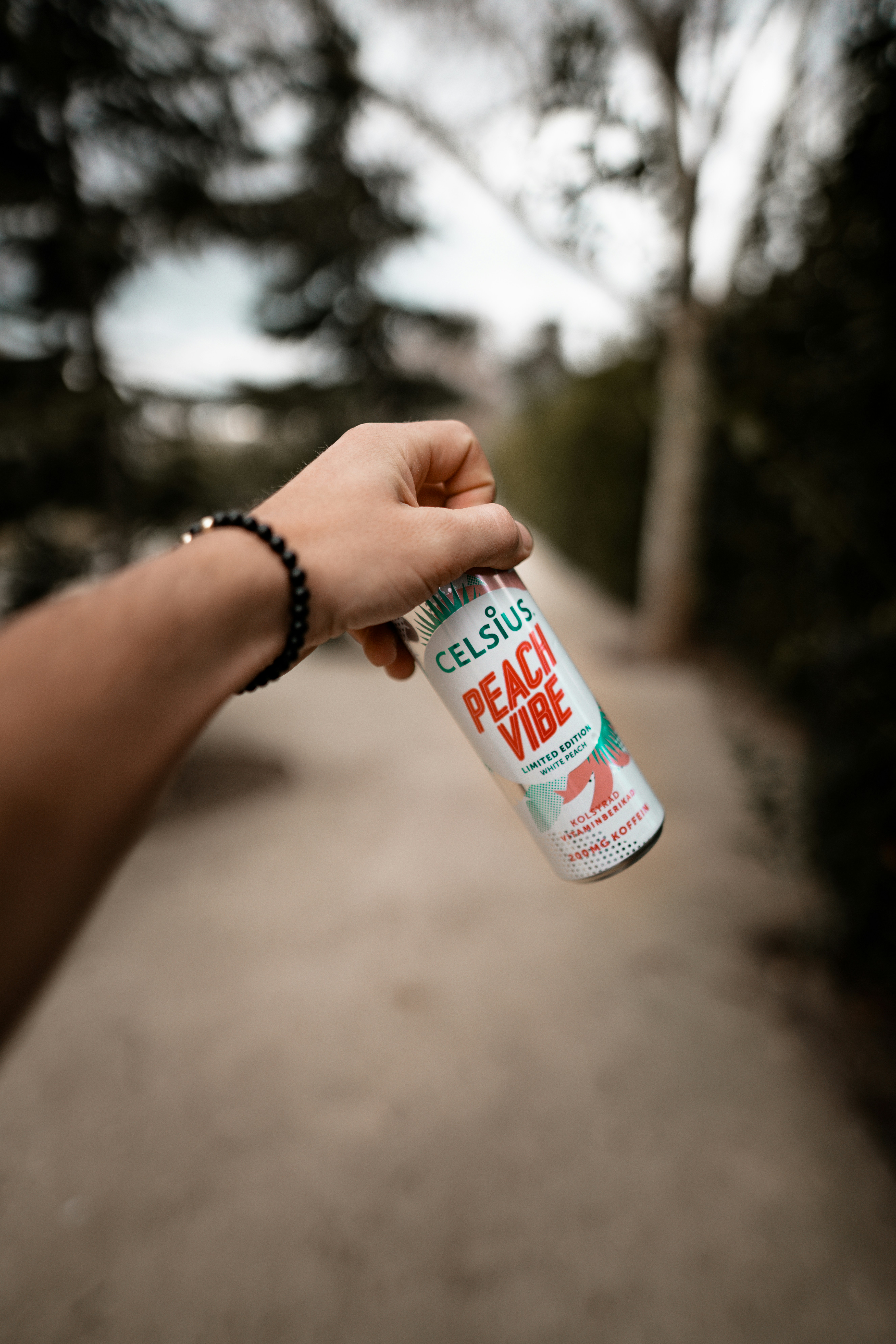Peach Vibe in Hand: A Slender Can Framed by a Quiet Path