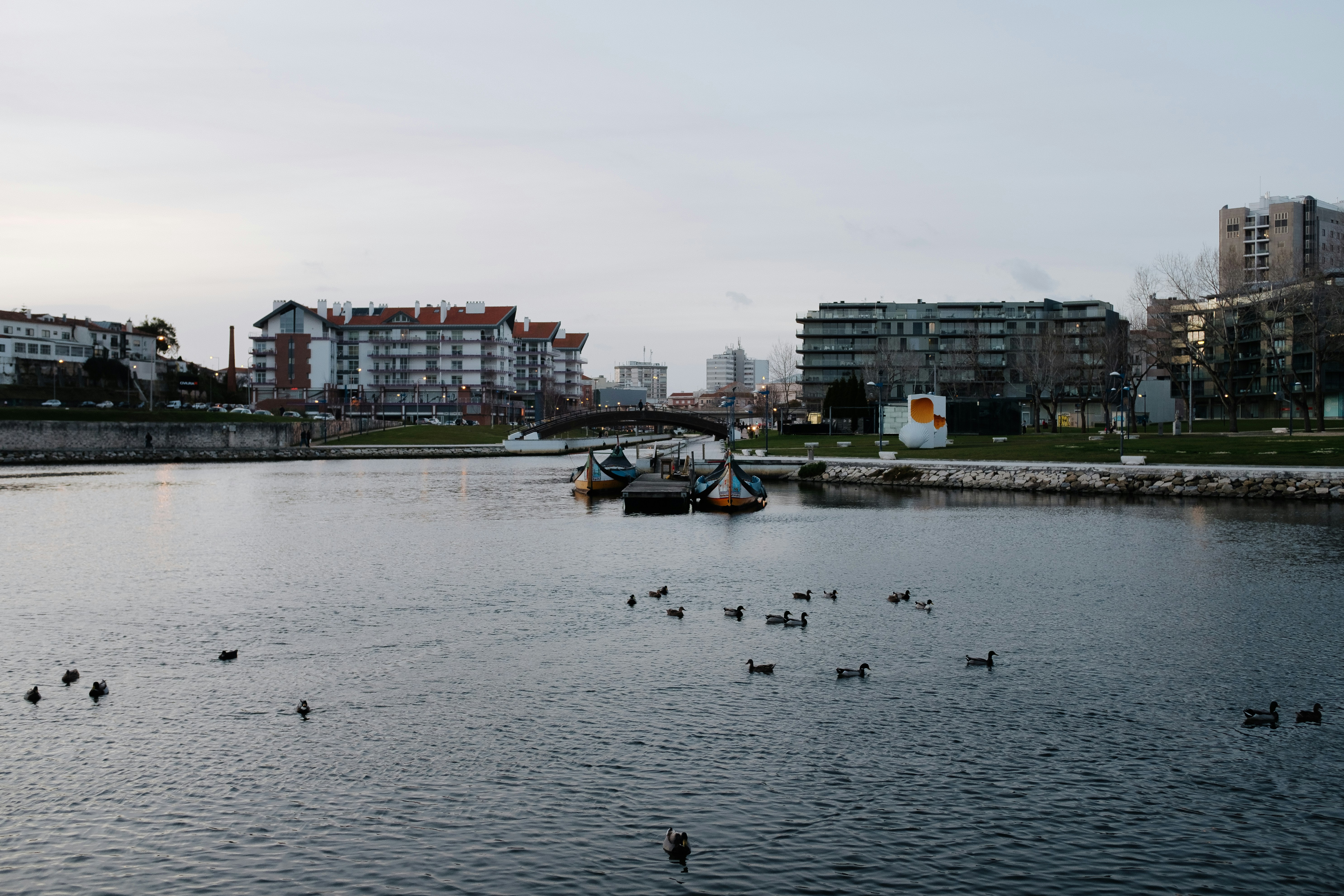 Harbor Quietude: Boats Tied by a City Waterway