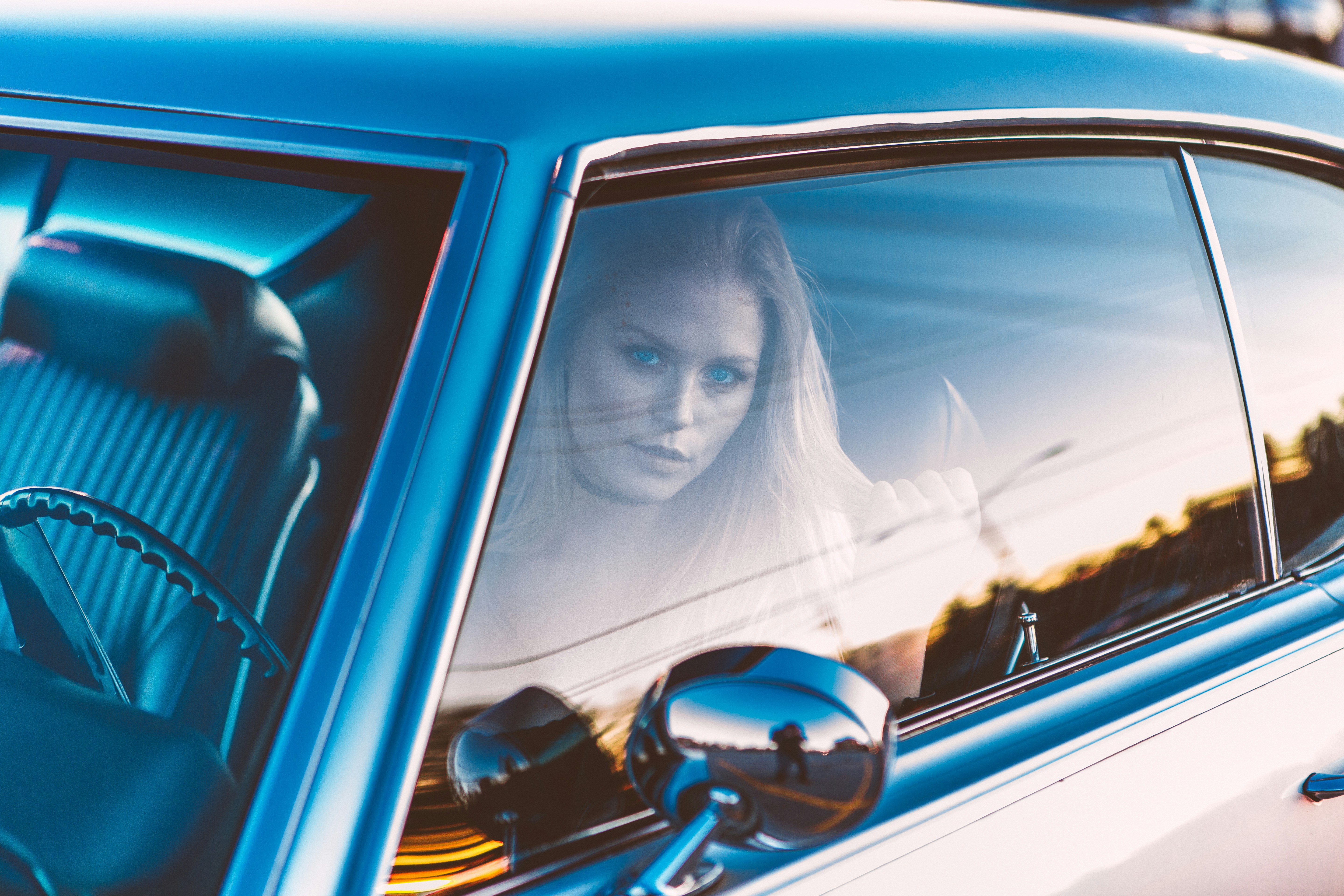 Glimmered Gaze in a Vintage Blue Coupe