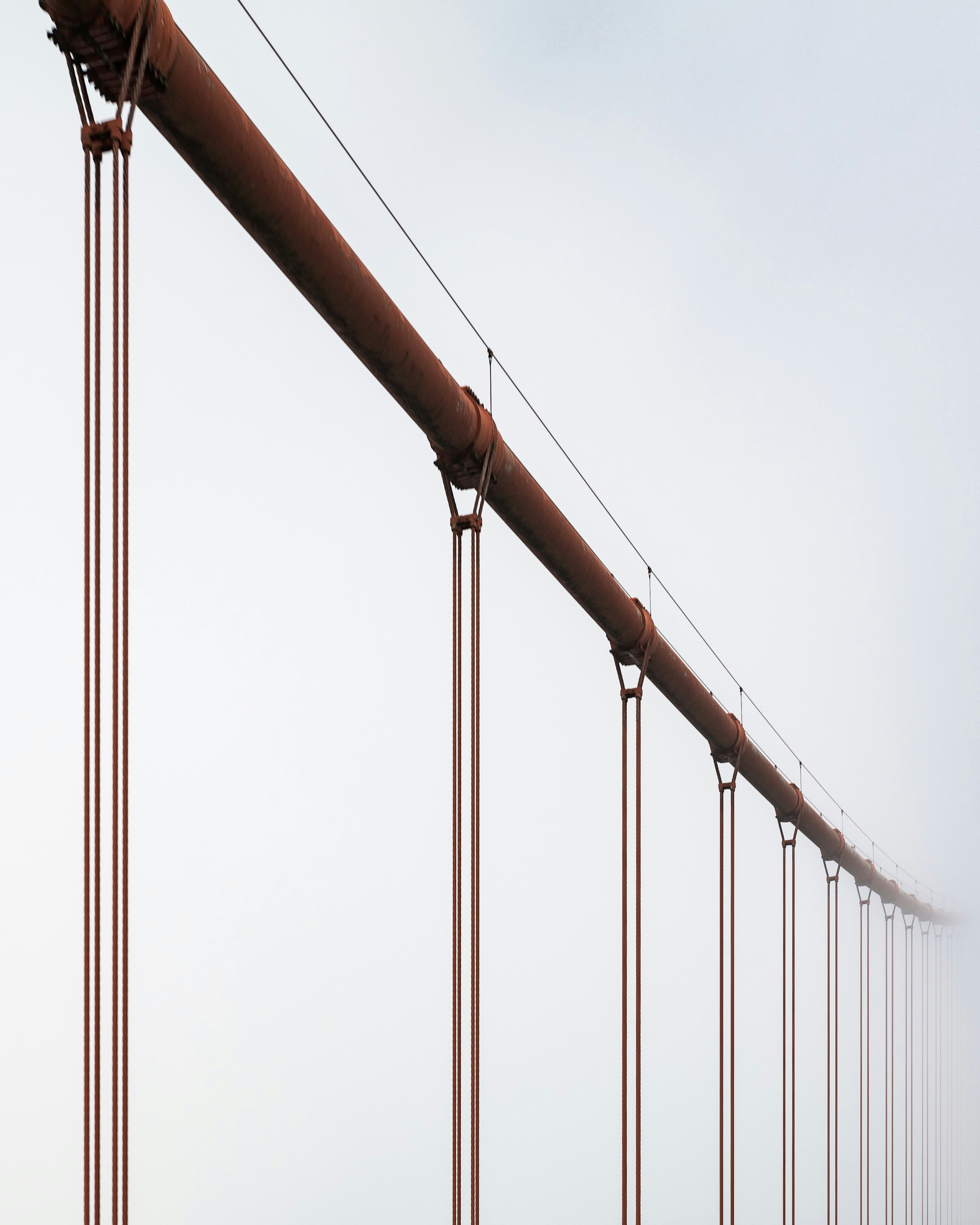 Suspended Lines: A Red Cable Bridge Reaching into the Mist