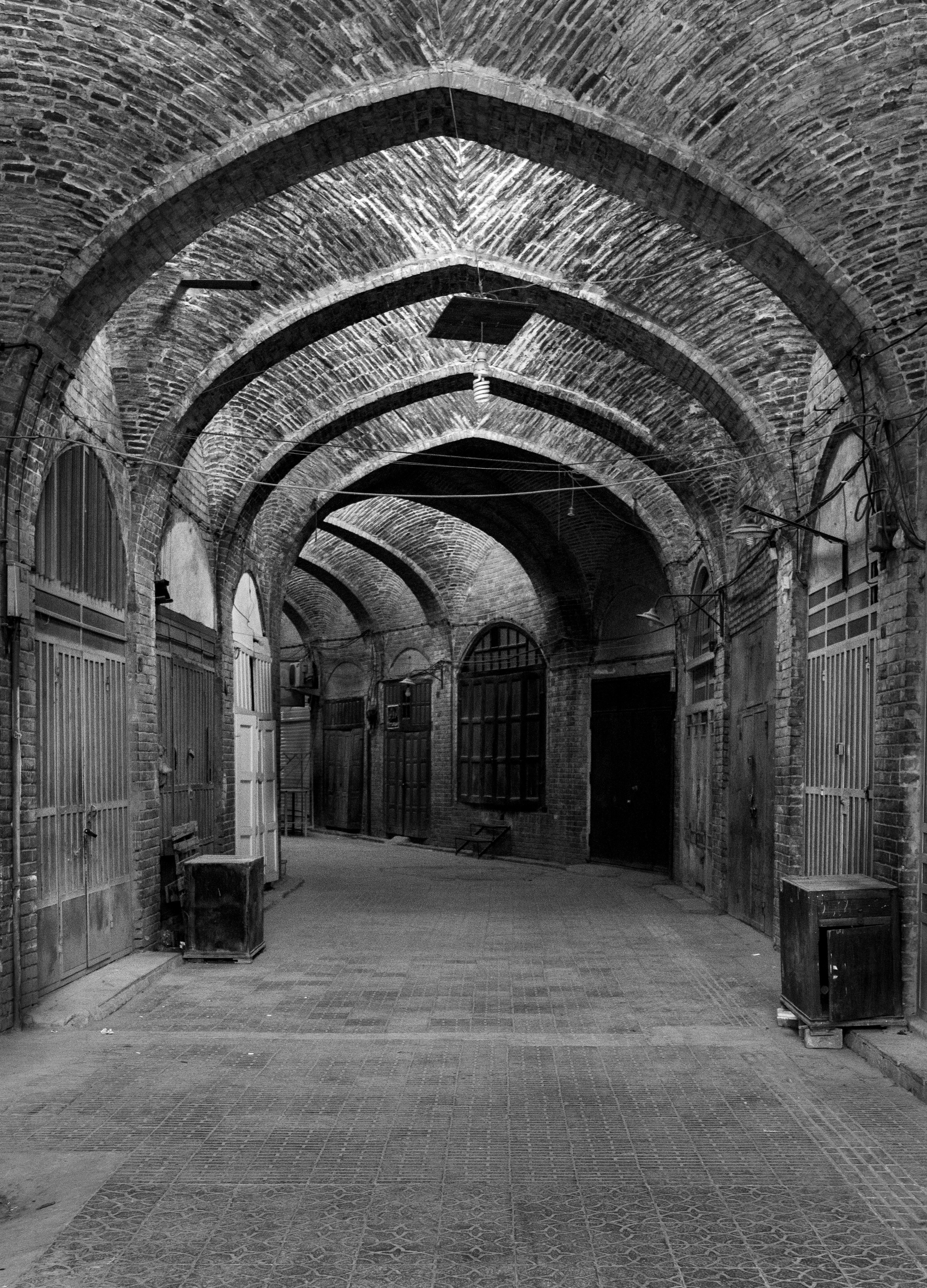 Grayscale photo of an empty hallway with arched brick ceilings and closed wooden doors lining the sides.