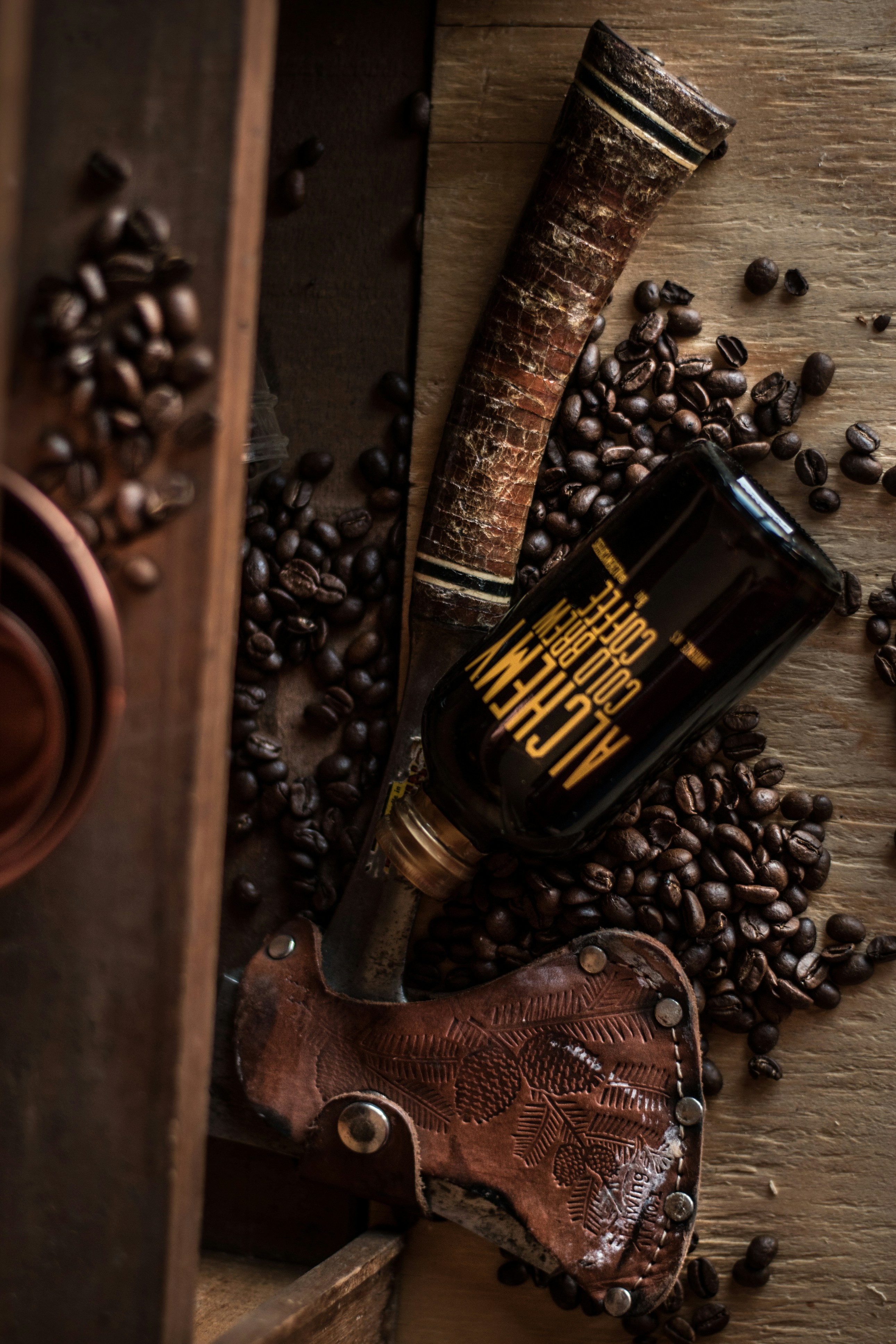 Cigar Box of Coffee and Leather: A Rustic Still Life
