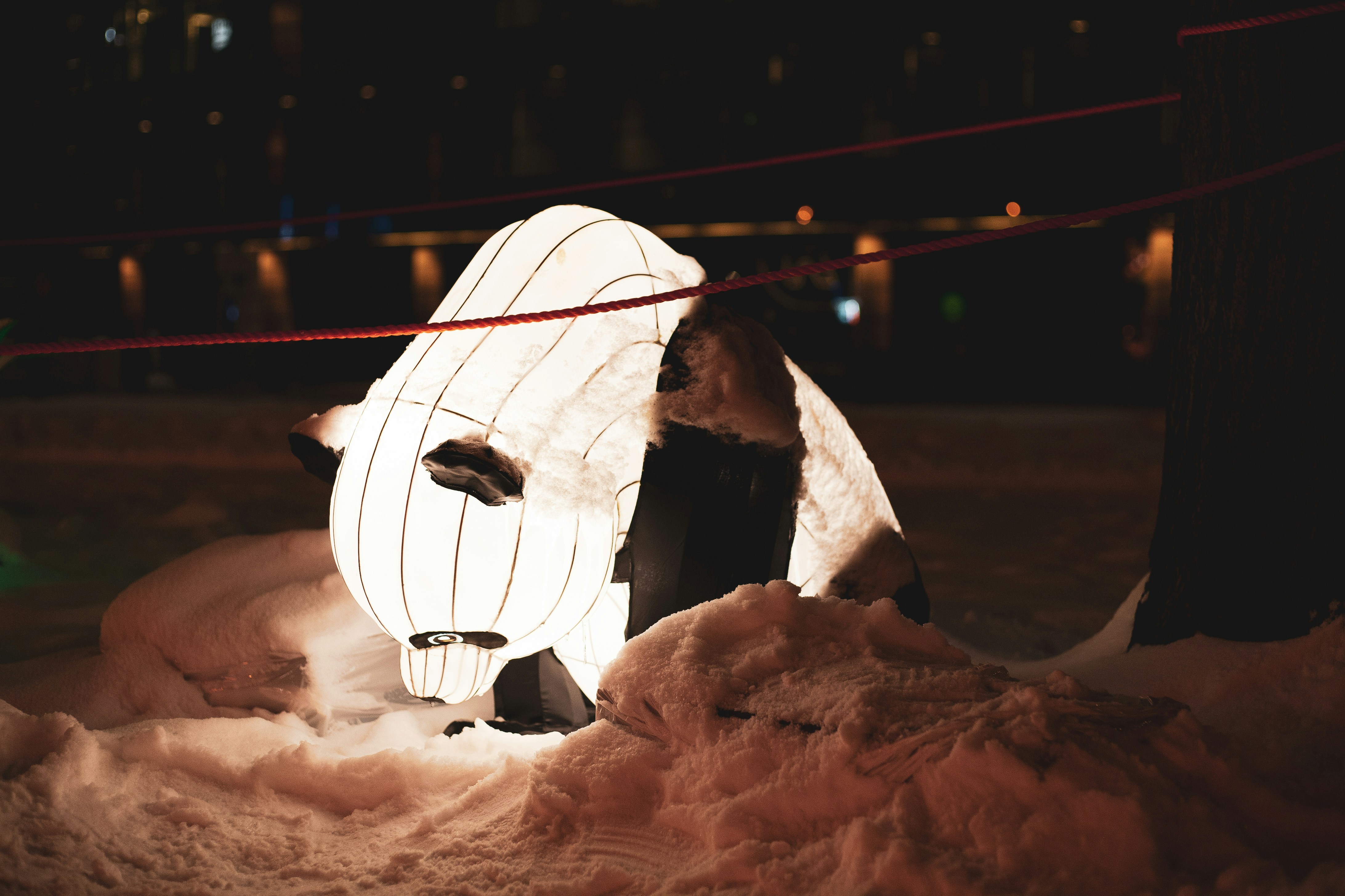 Lantern on Snow: Warm Glow Beneath a Web of Night and Red Lines