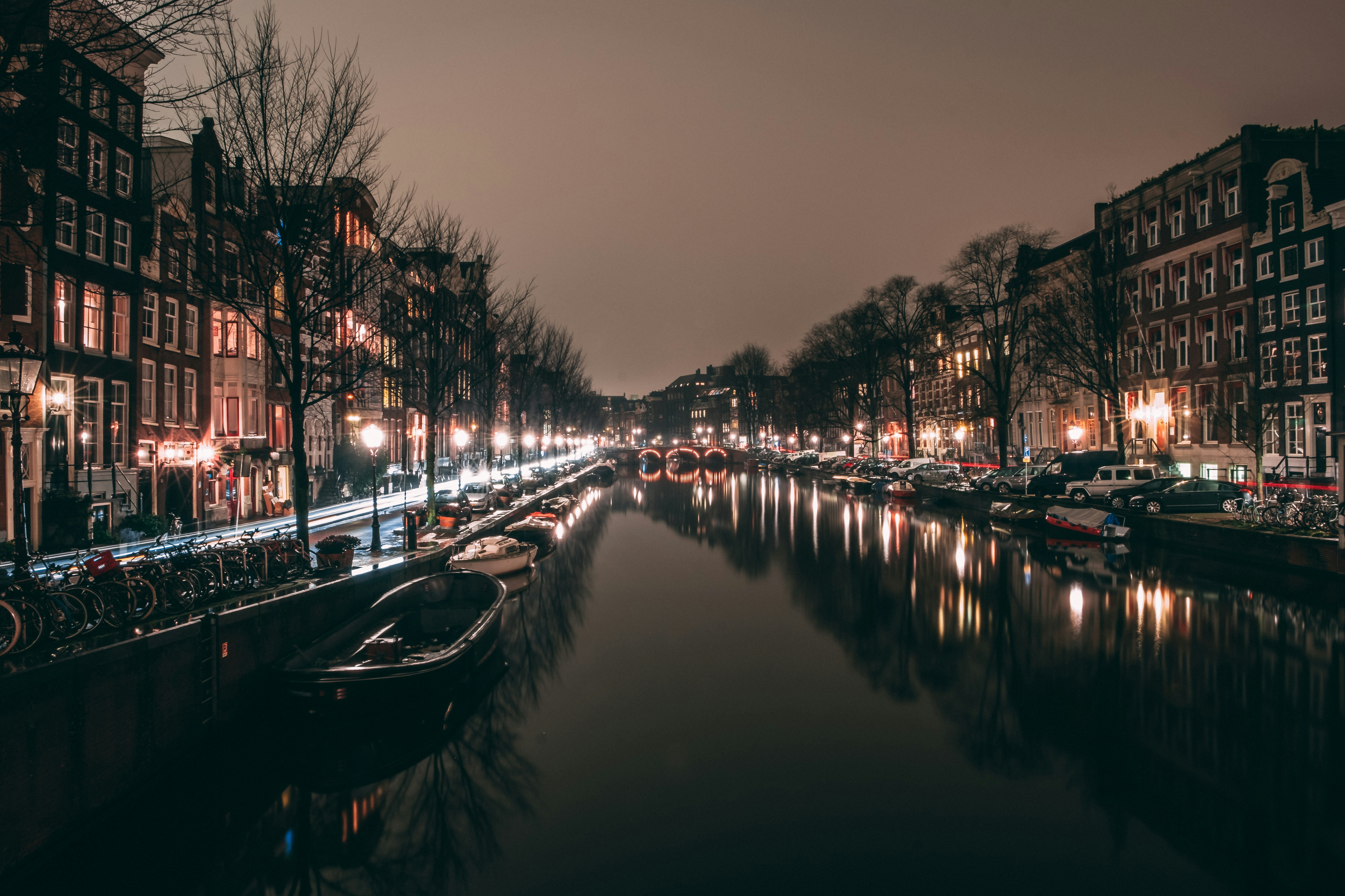 Serene canal flanked by illuminated buildings and leafless trees on a calm night.