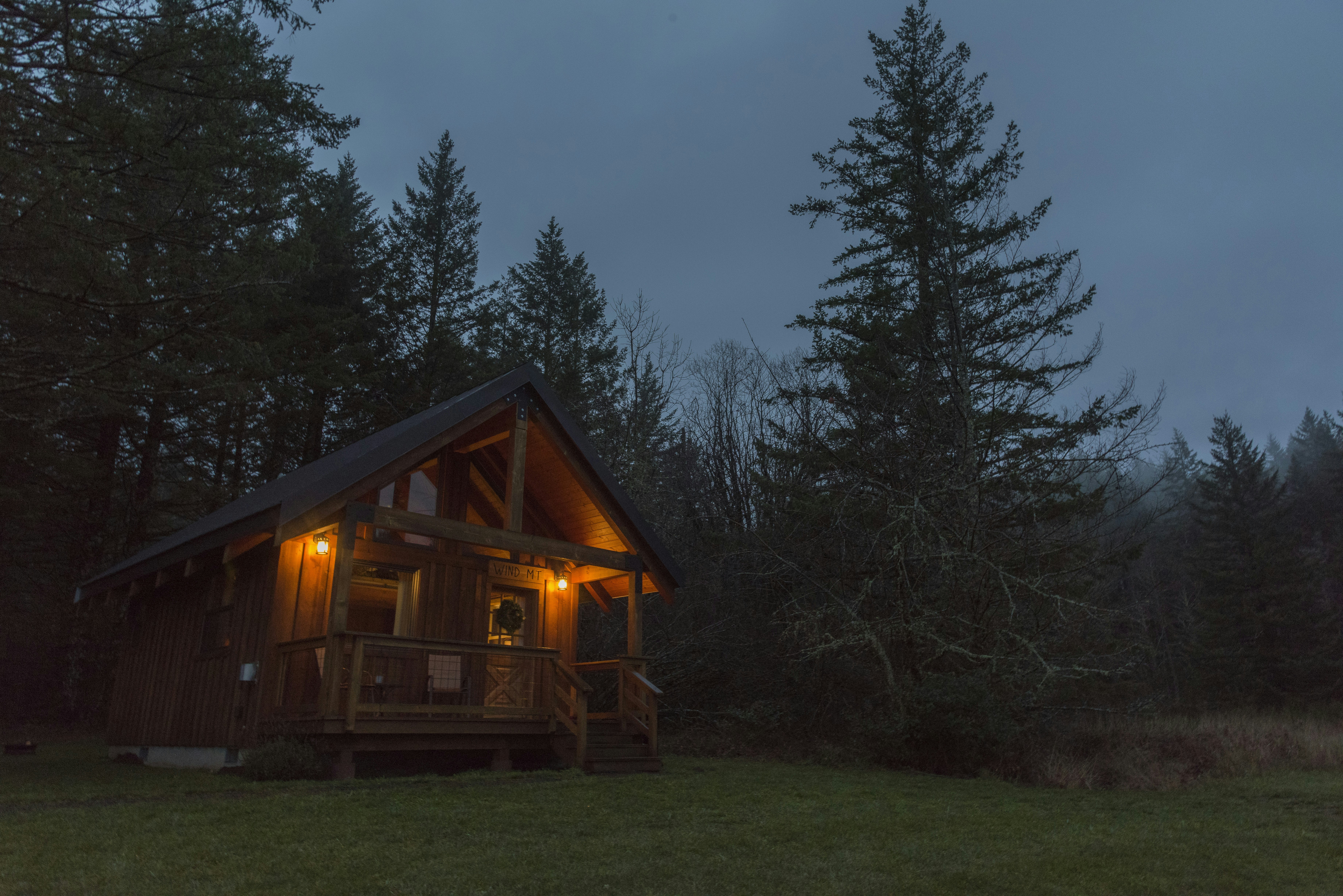 Lighted brown wooden cabin near pine tree during night time photo ...
