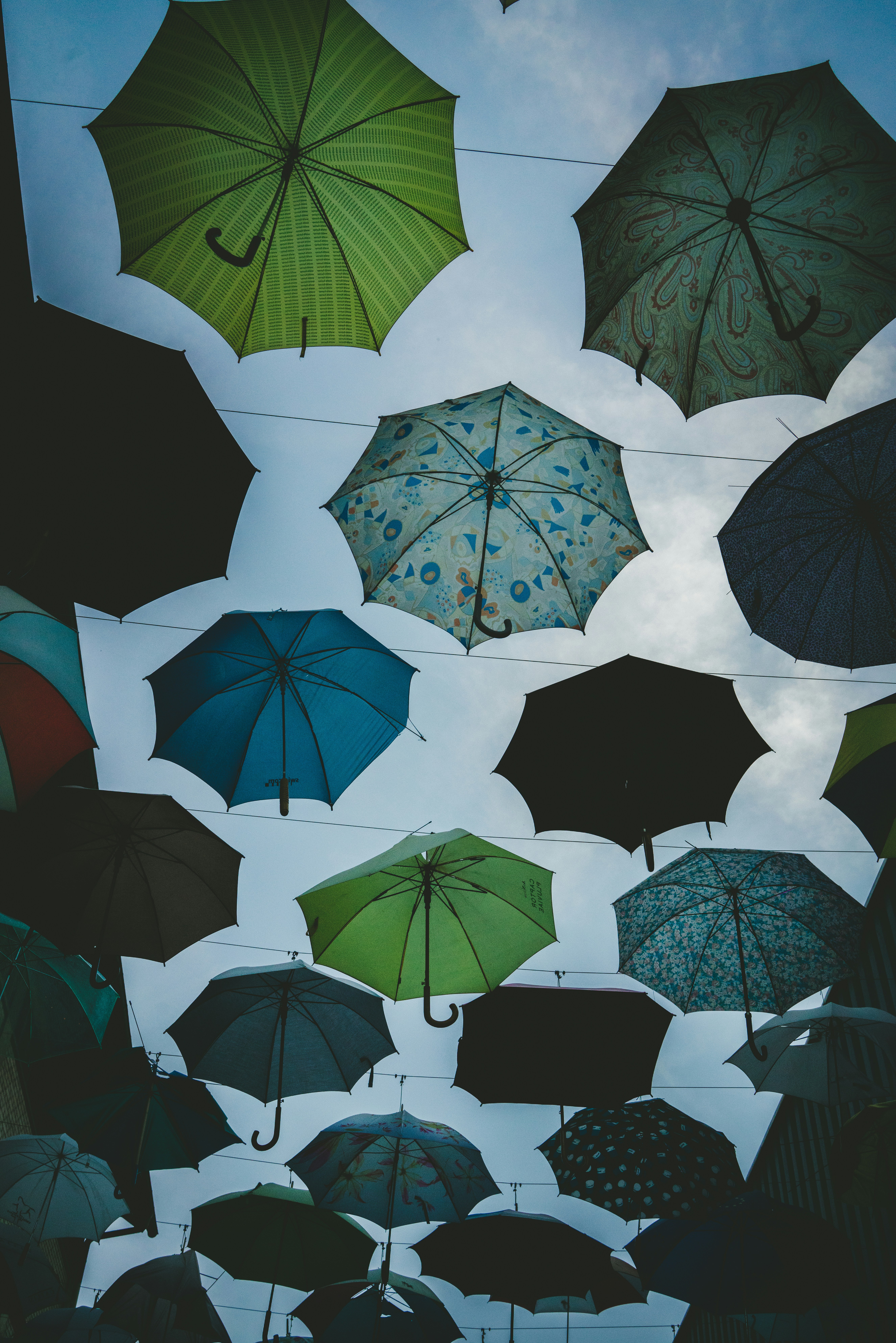 Colorful umbrellas suspended overhead create a whimsical atmosphere in an urban setting. The arrangement offers a playful contrast against the sky.