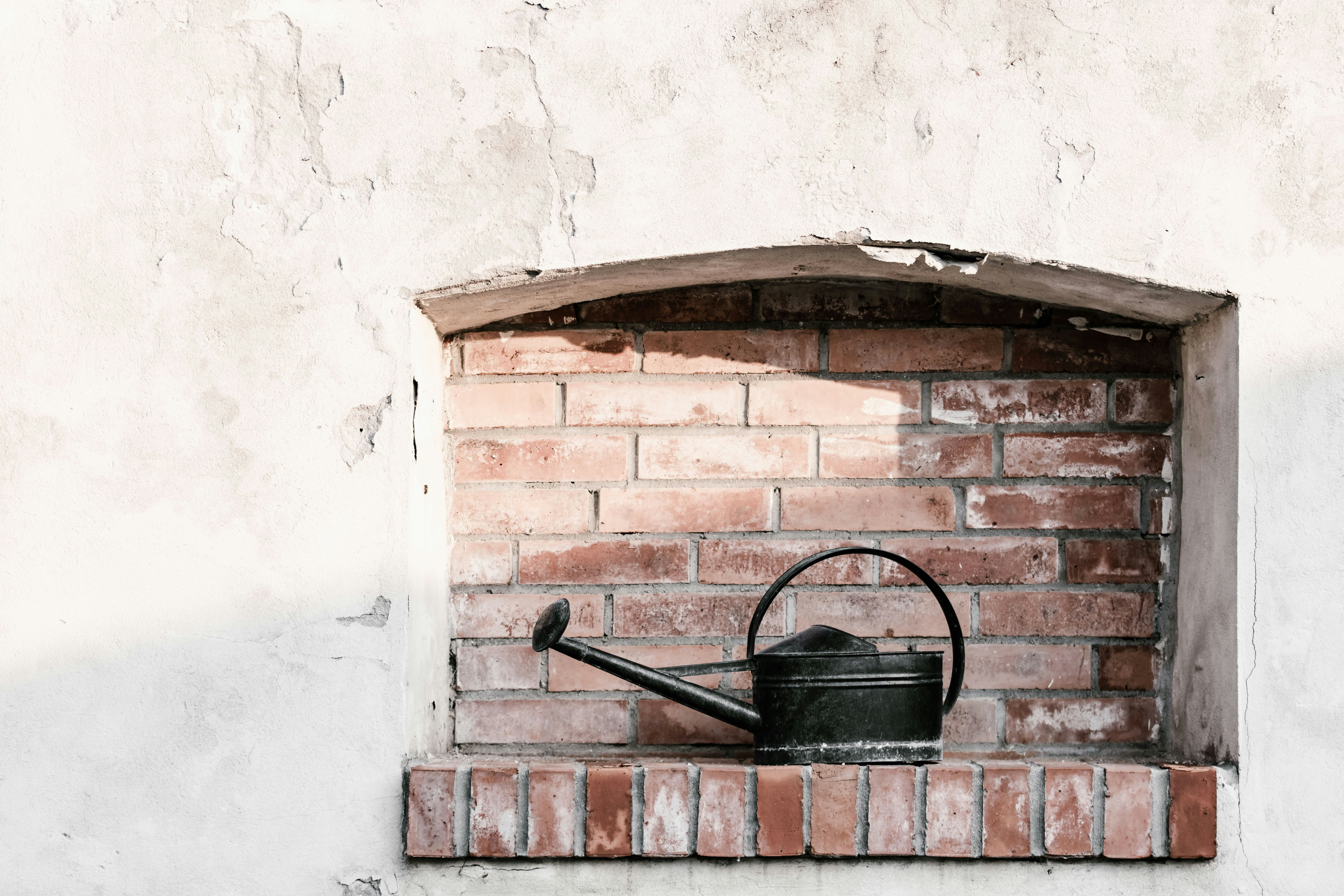 A vintage black watering can rests on a brick ledge, framed by a weathered wall. The soft light highlights the textures and colors of the scene.