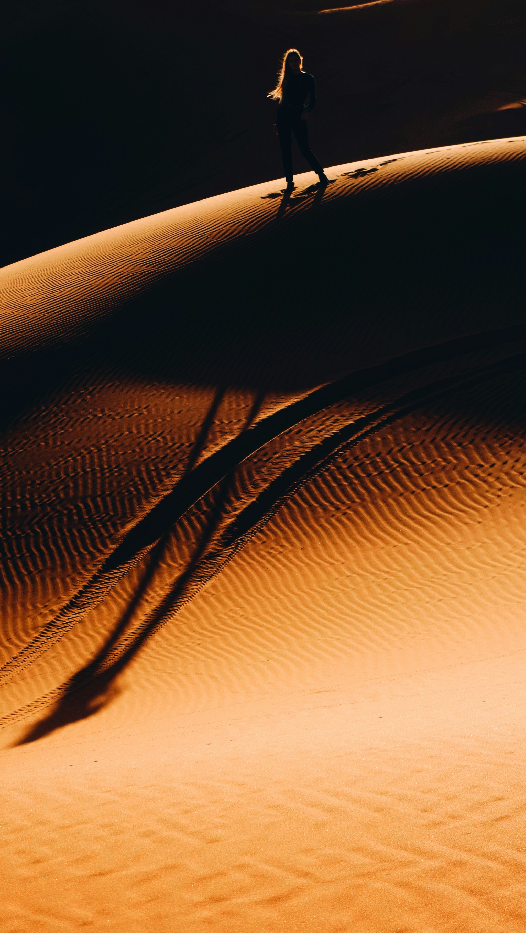 Silhouette of a figure walking atop a sunlit sand dune, casting elongated shadows across the textured surface. The warm tones of the sand create a serene atmosphere.