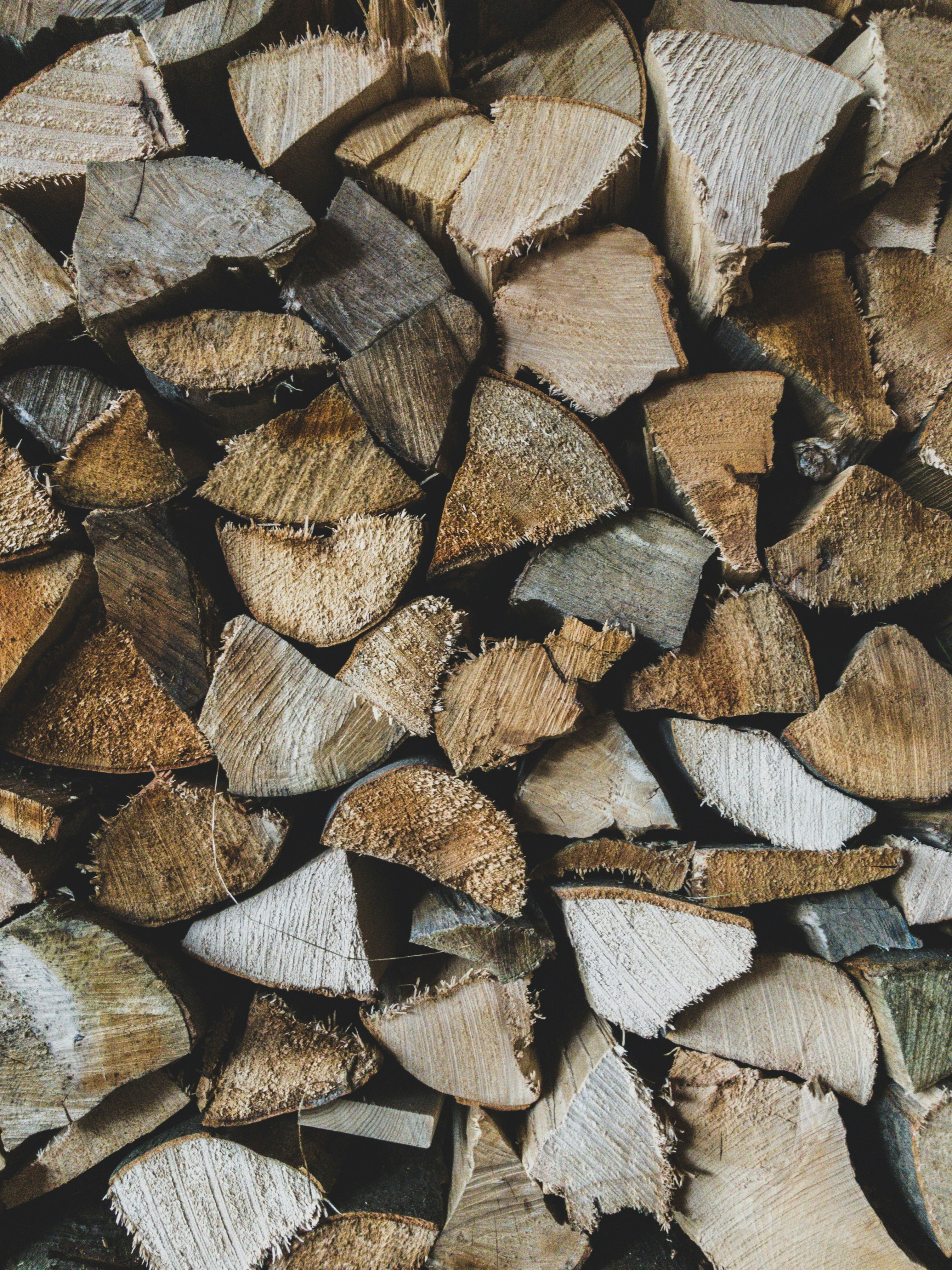 A close-up view of neatly stacked firewood, showcasing the intricate patterns and textures of the wood slices.
