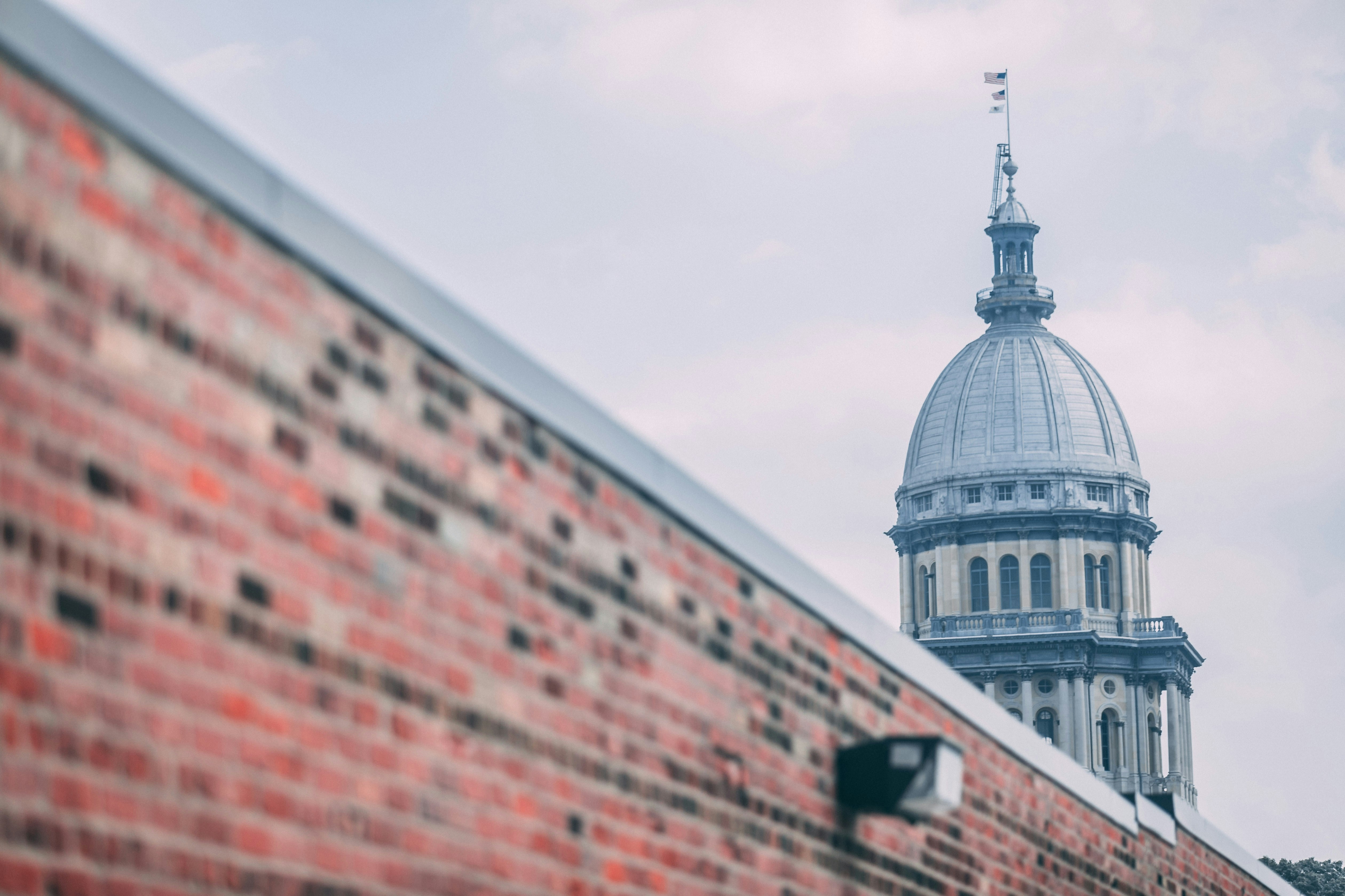 Brick wall in foreground with a distant view of a domed building under a cloudy sky.