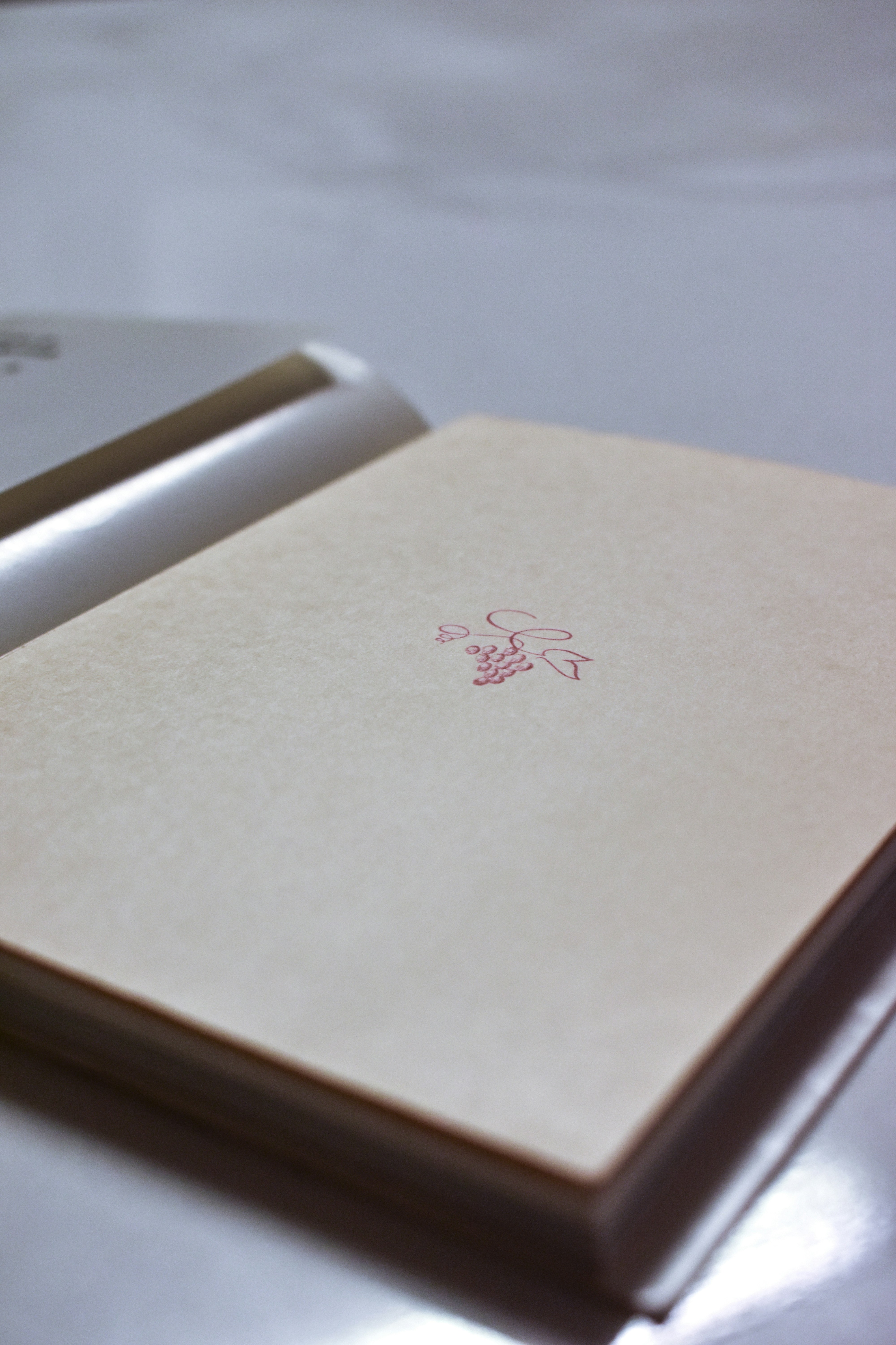 An elegant journal with a delicate grape illustration embossed on a cream-colored page, set against a reflective silver surface.