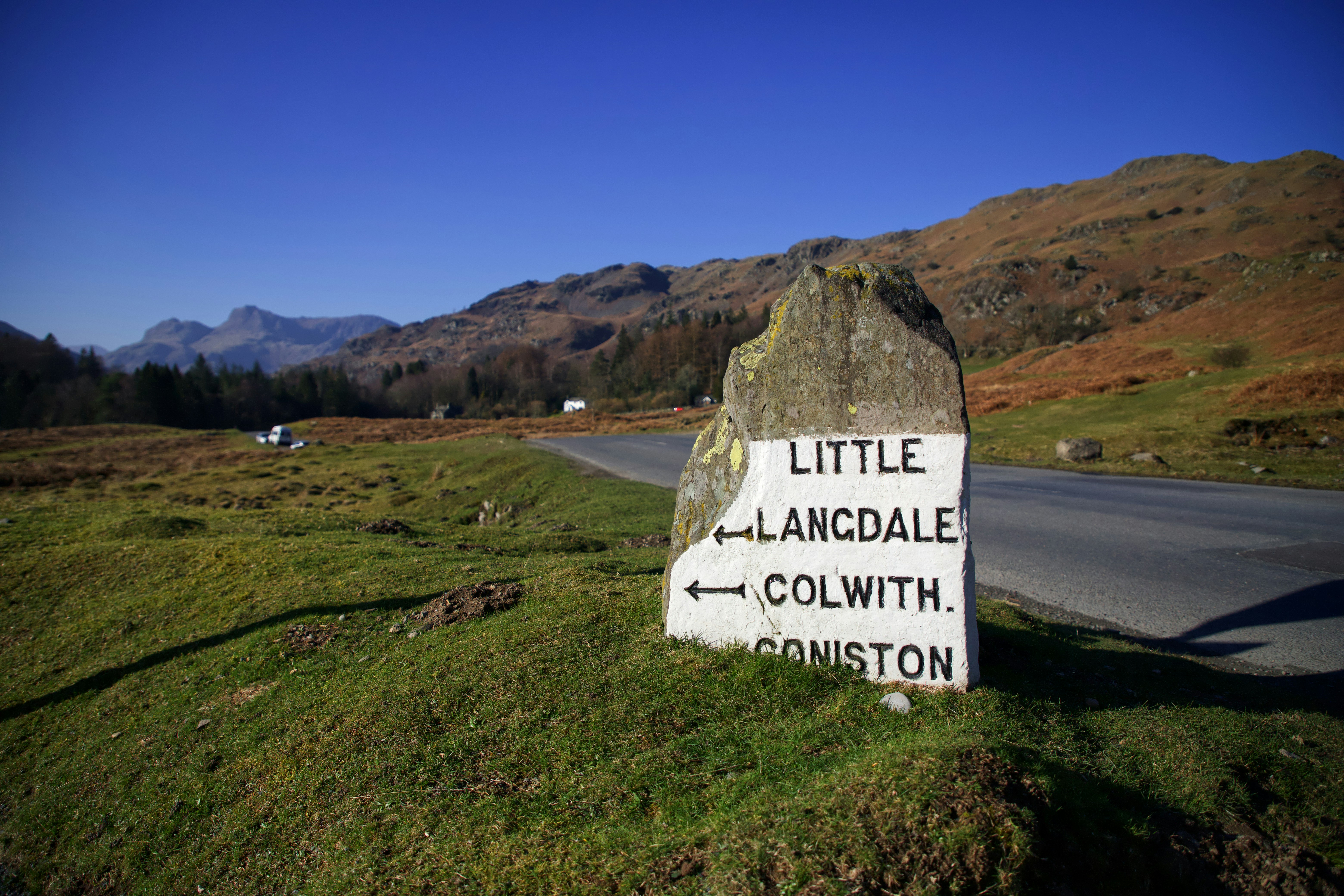 Stone Marker at the Bend: Directions to Langdale and Colwith