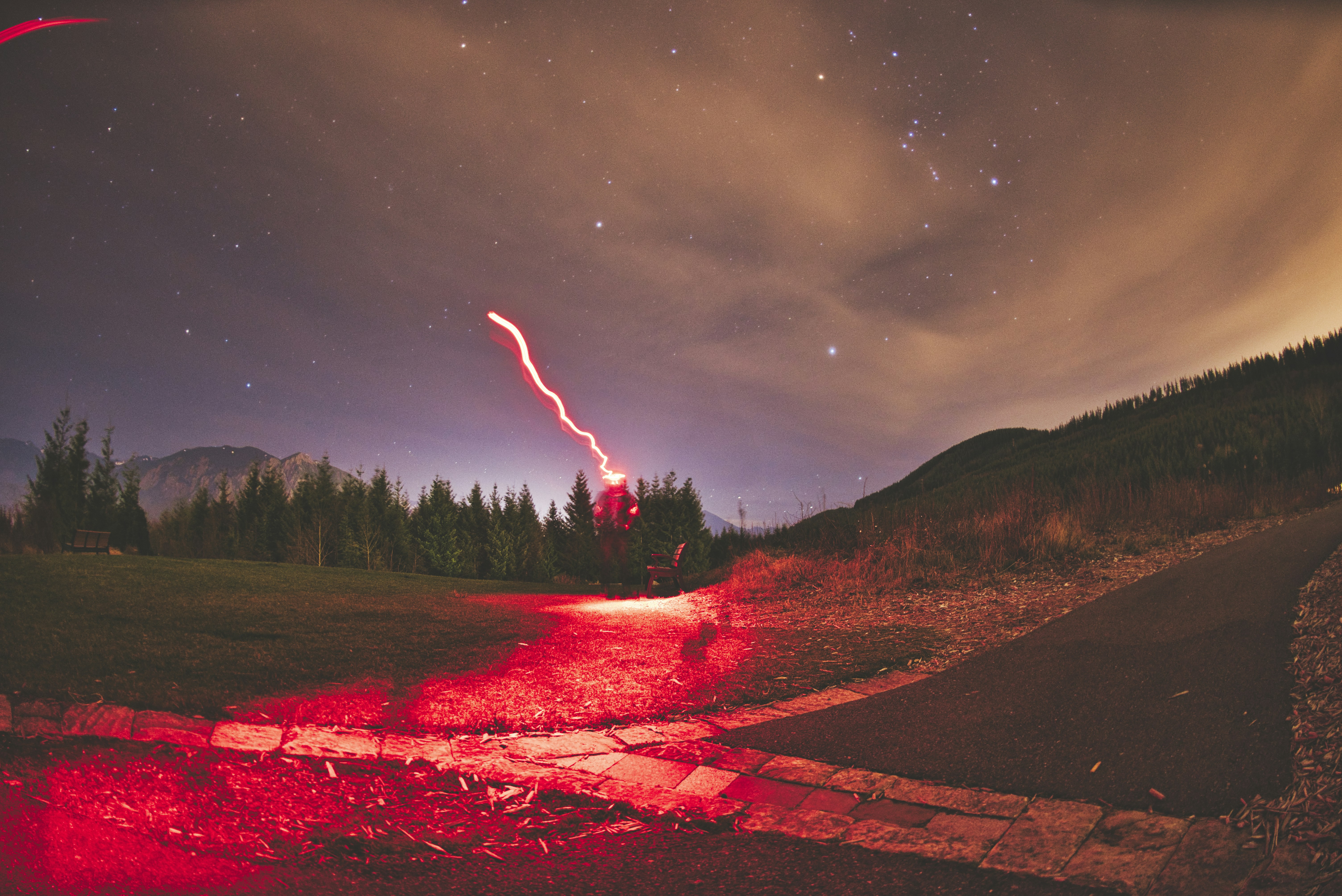 A vivid red light trails across a winding path under a starry sky, surrounded by silhouettes of trees and mountains. The scene captures the essence of nocturnal exploration.
