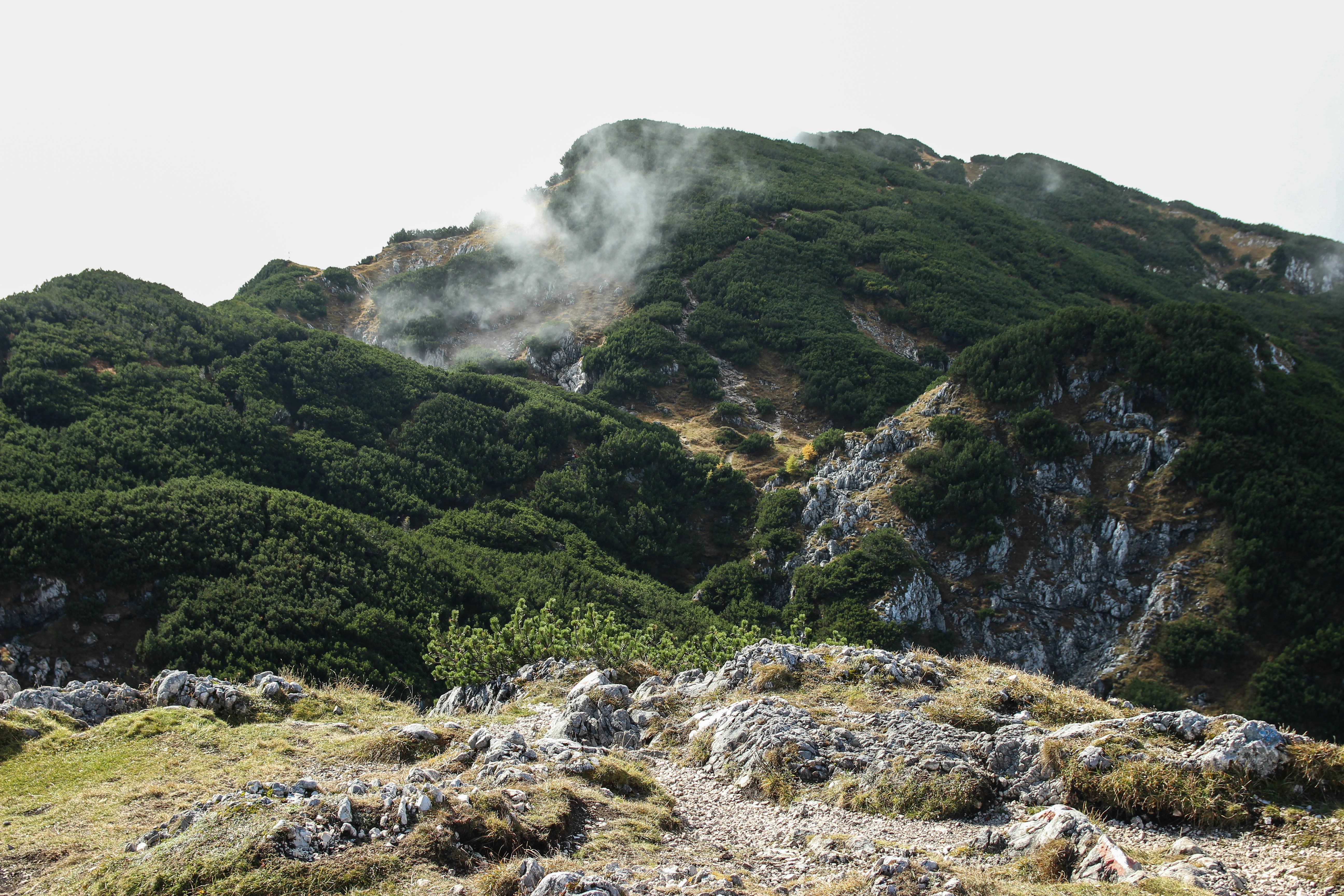Crest of Mist over a Rugged Green Ridge
