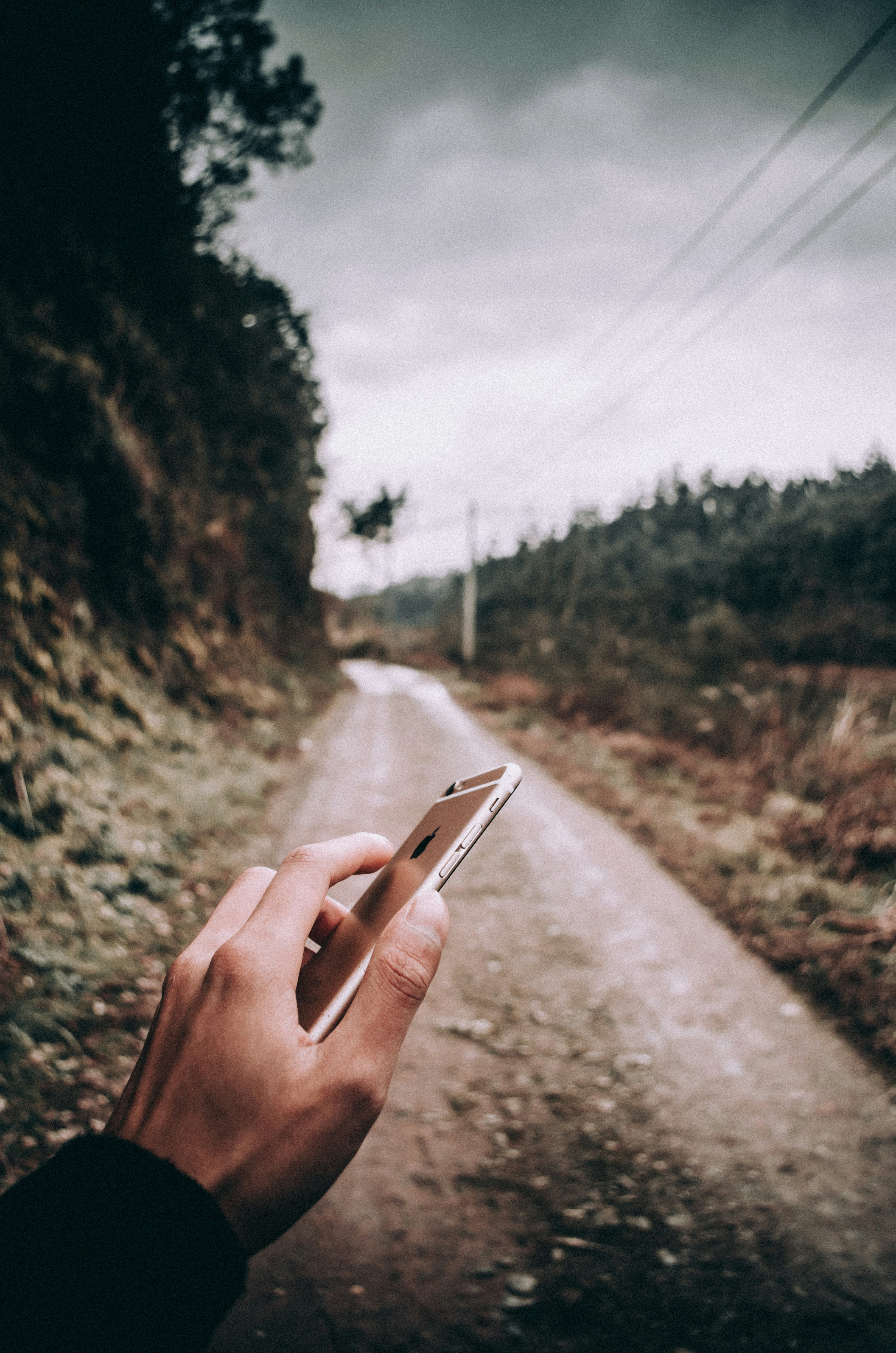 A hand holding a smartphone extends over a winding rural path, flanked by lush greenery and distant hills. The scene conveys a sense of exploration and connectivity.