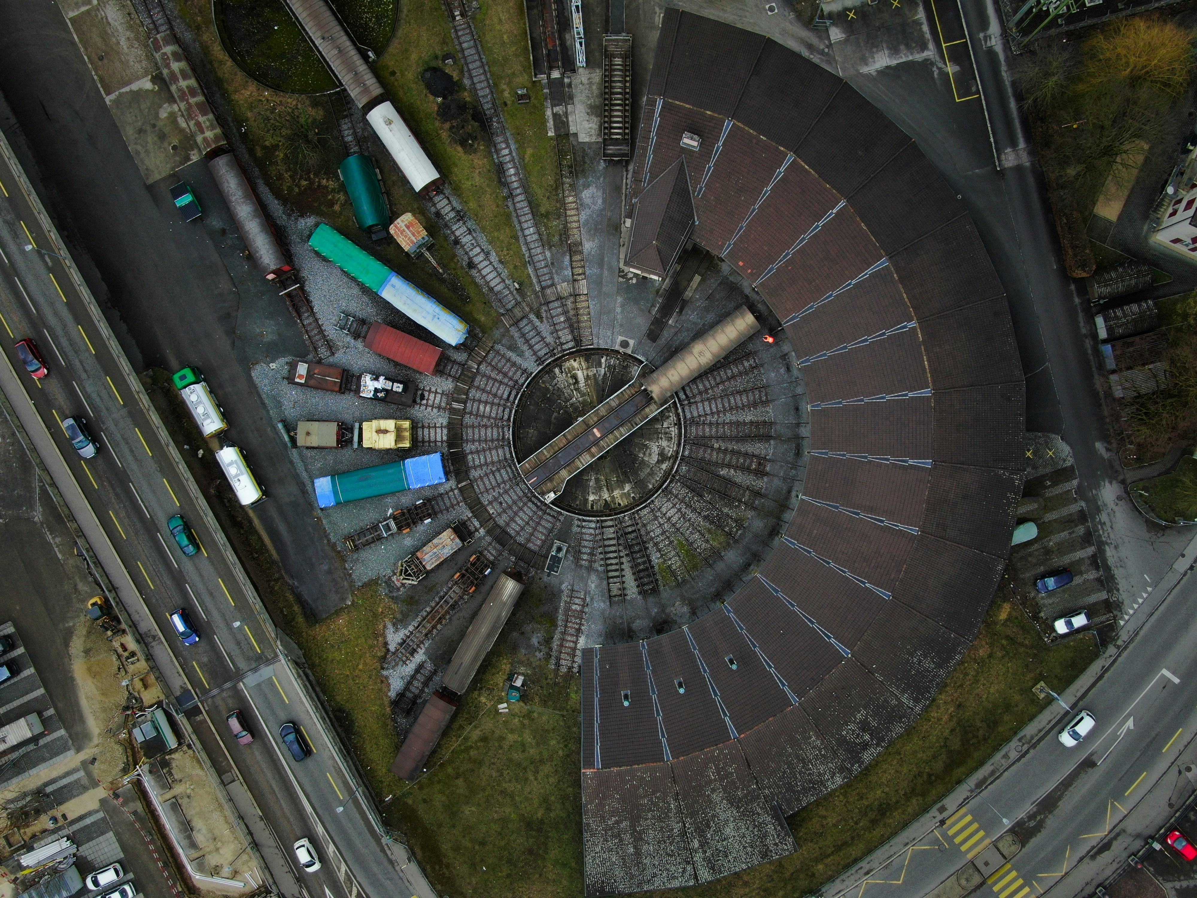 Symphony of Rails: Aerial Perspective of a Train Turntable