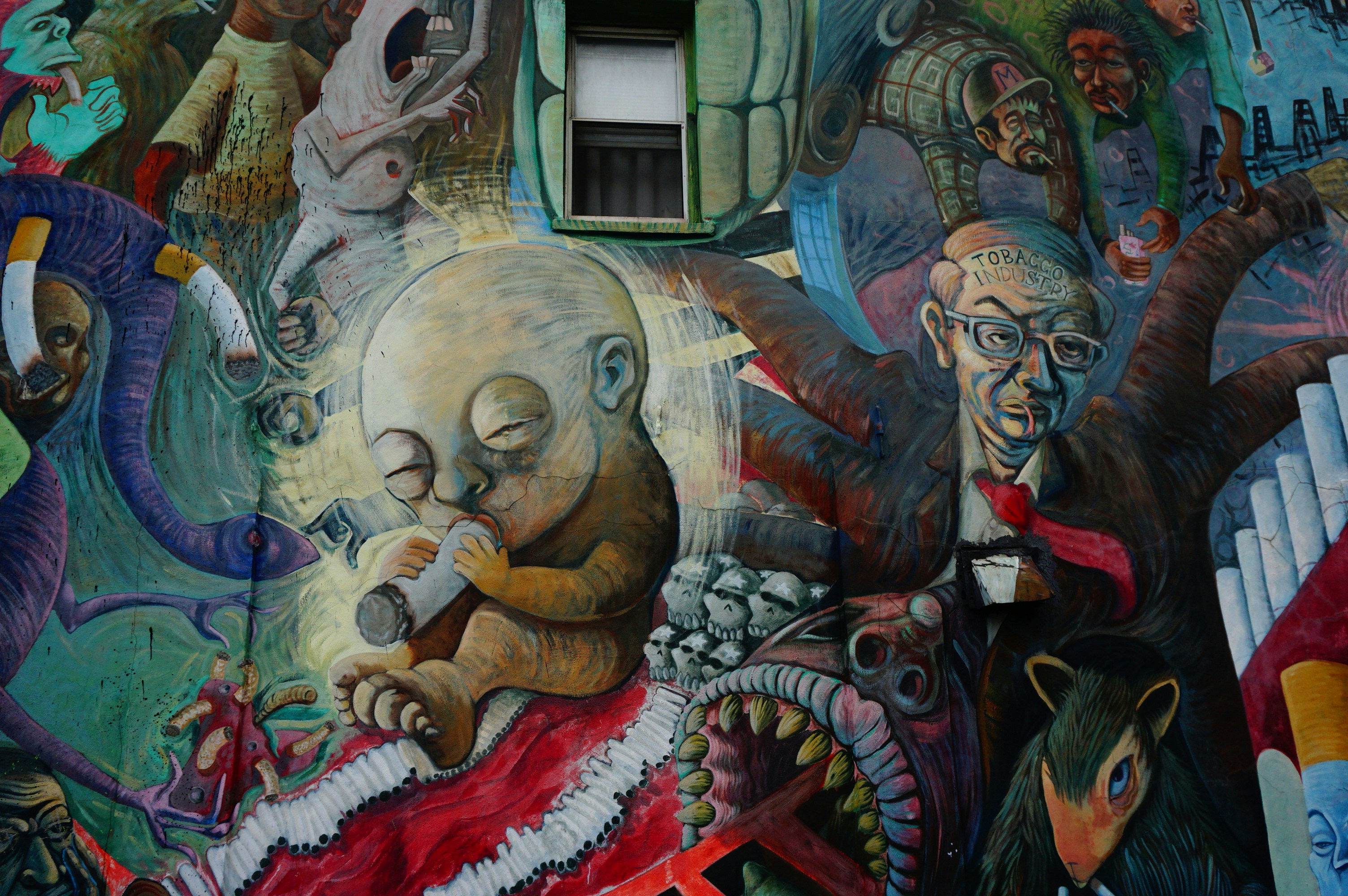 Whimsical Convergence: A Neon Baby's Siren in a City Mural