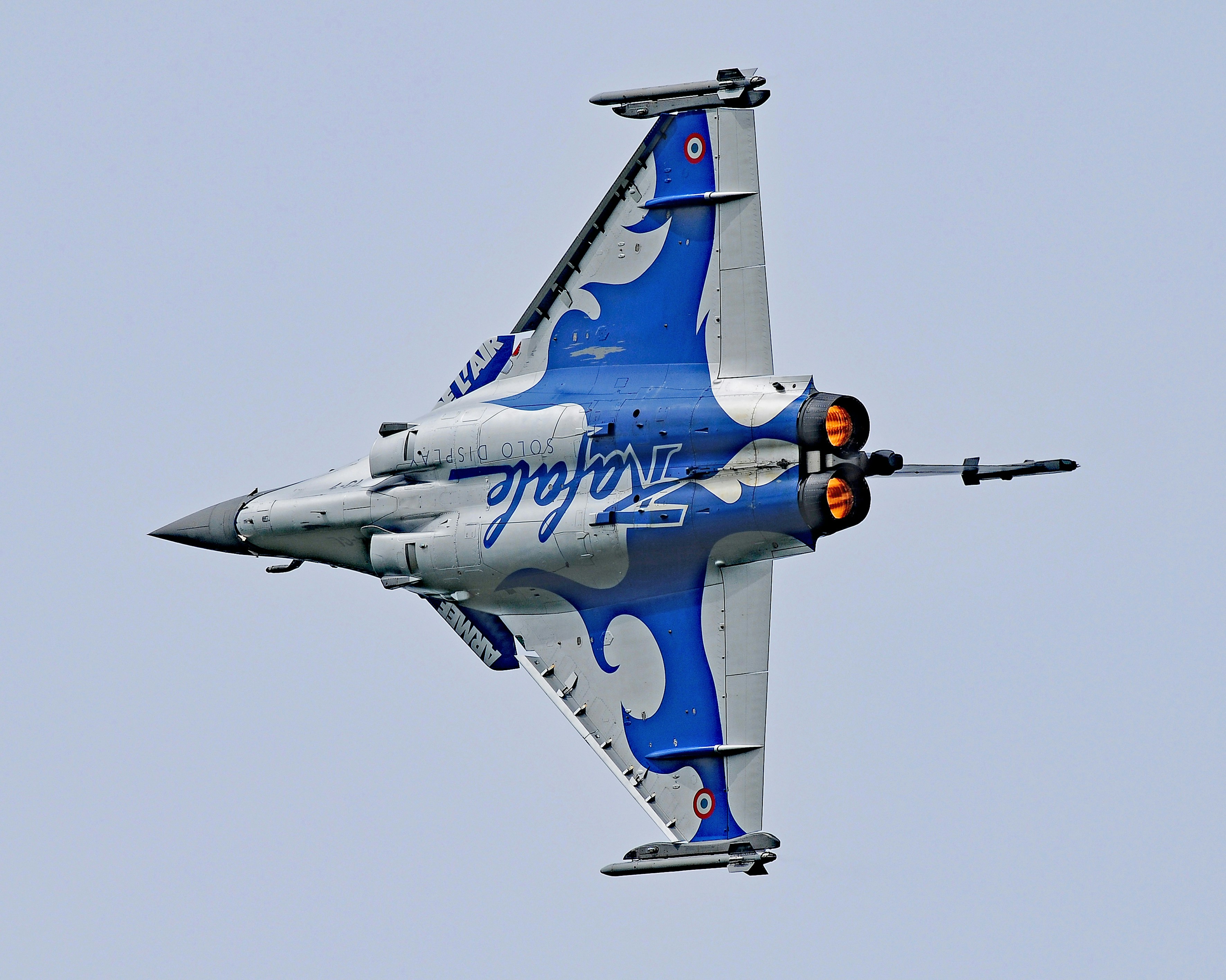 Dassault “Rafale” of the French Air Force.
This is the “Display” aircraft for 2017.
Taken at the annual Air Display at La Ferte-Alais Airfield. June 2017.
(A Ground to Air photo.)  
Home of the world class “Salis” collection of vintage and veteran aircraft.