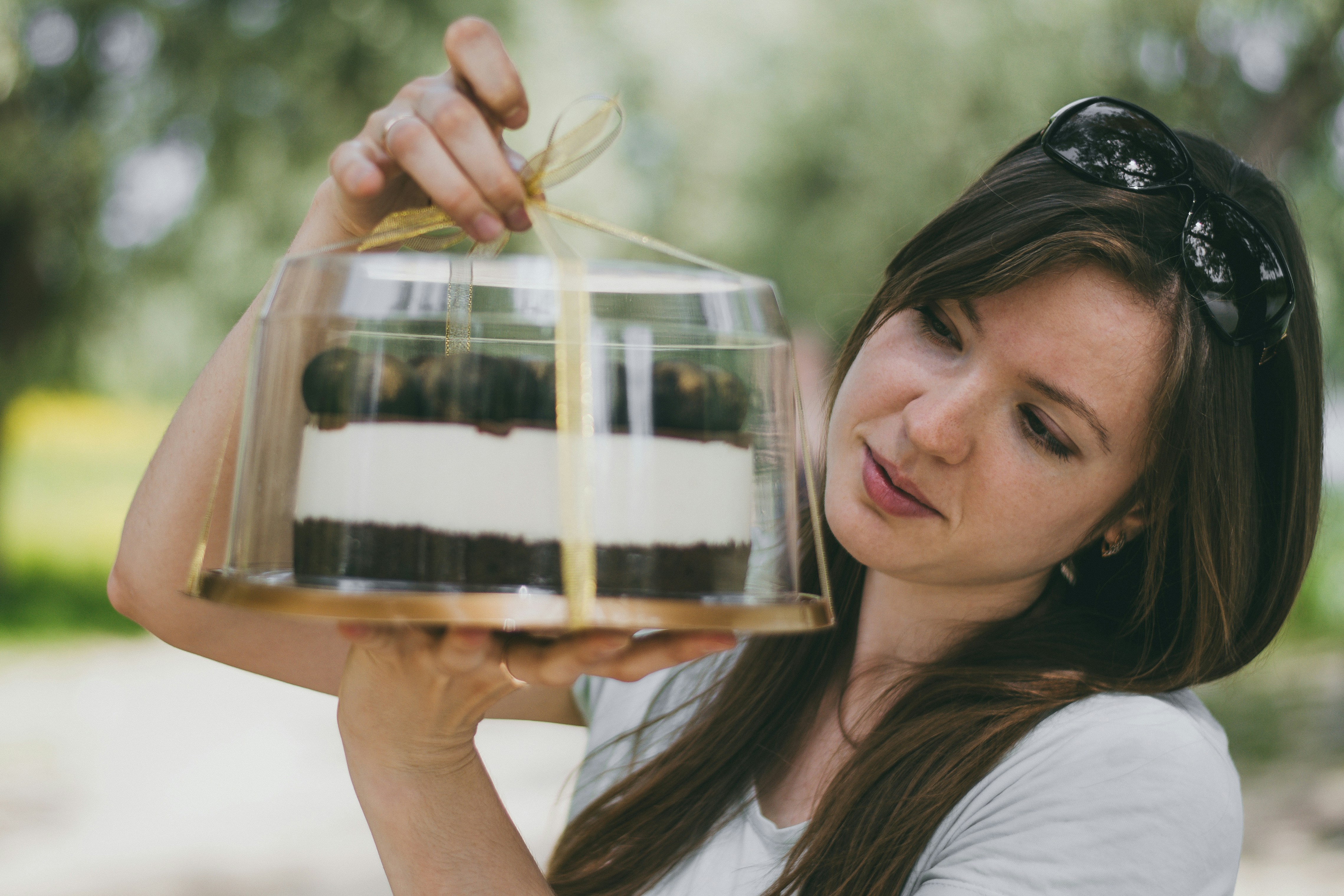 Ribboned Celebration Cake Encased in Glass—A Sunlit Park Moment