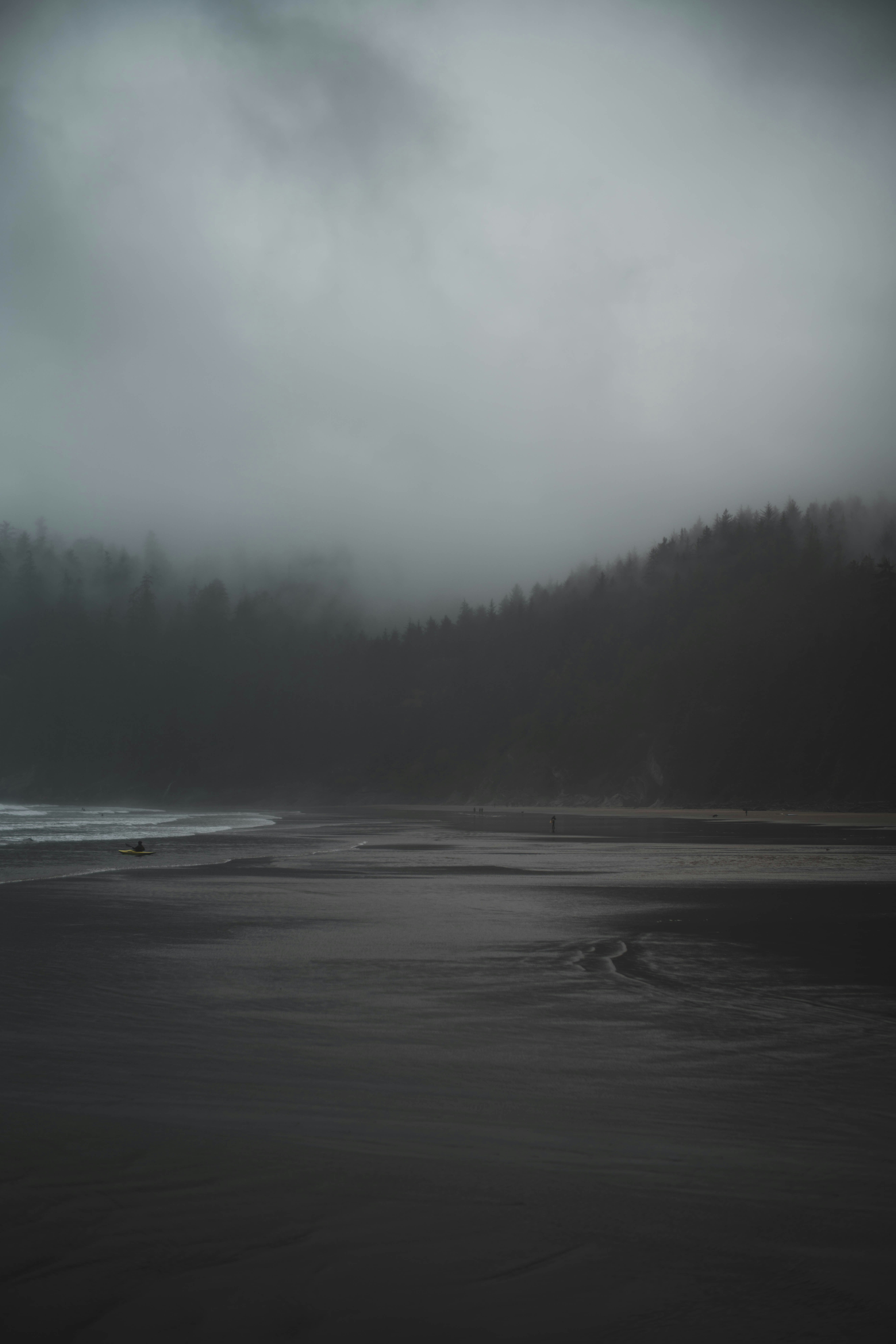 Misty beach landscape with dark sand and distant figures, evoking a sense of solitude and mystery. Soft waves lap at the shore under a gray sky.
