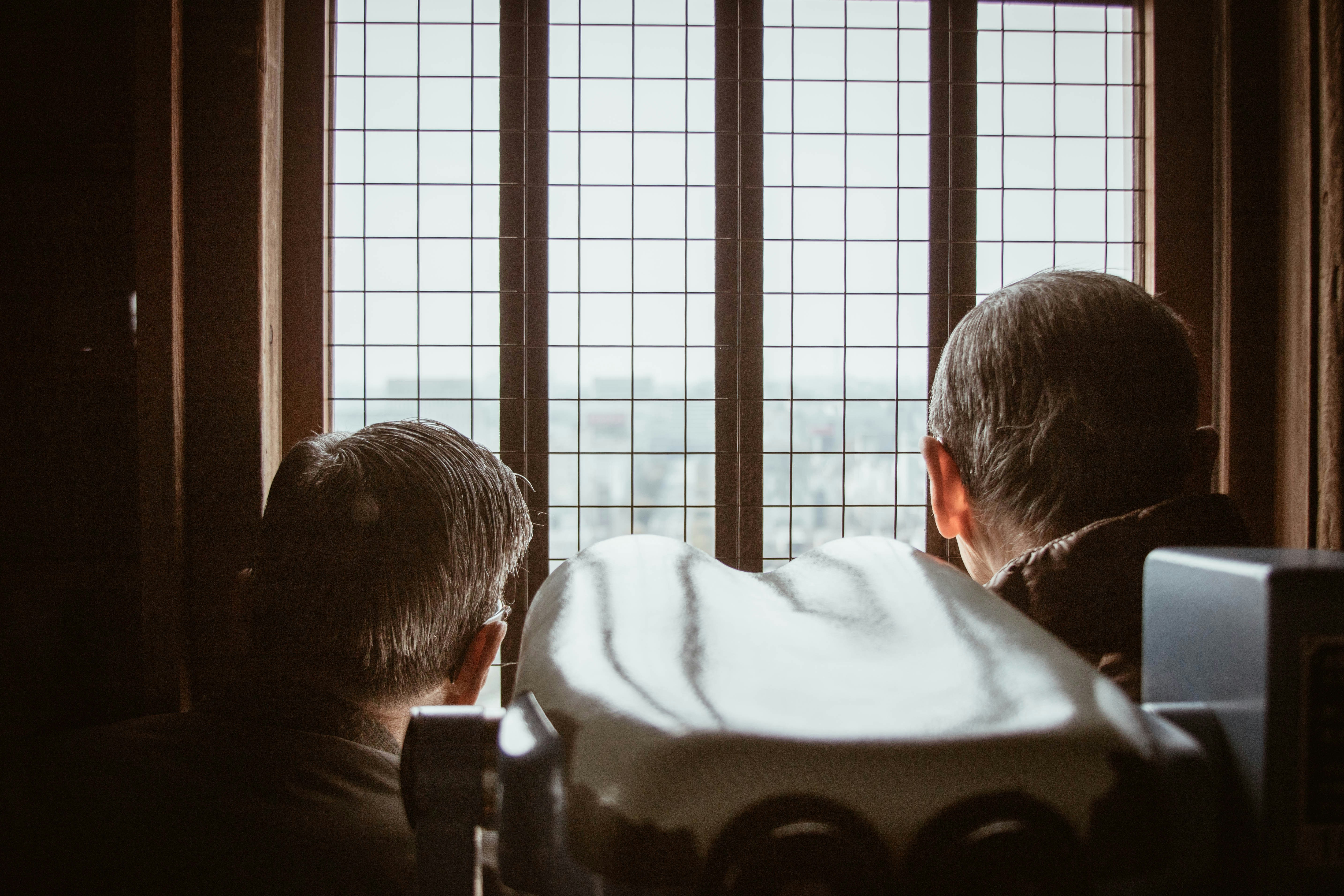 Two individuals gazing through a barred window, capturing a moment of contemplation and connection. The scene evokes a sense of curiosity about the view beyond.
