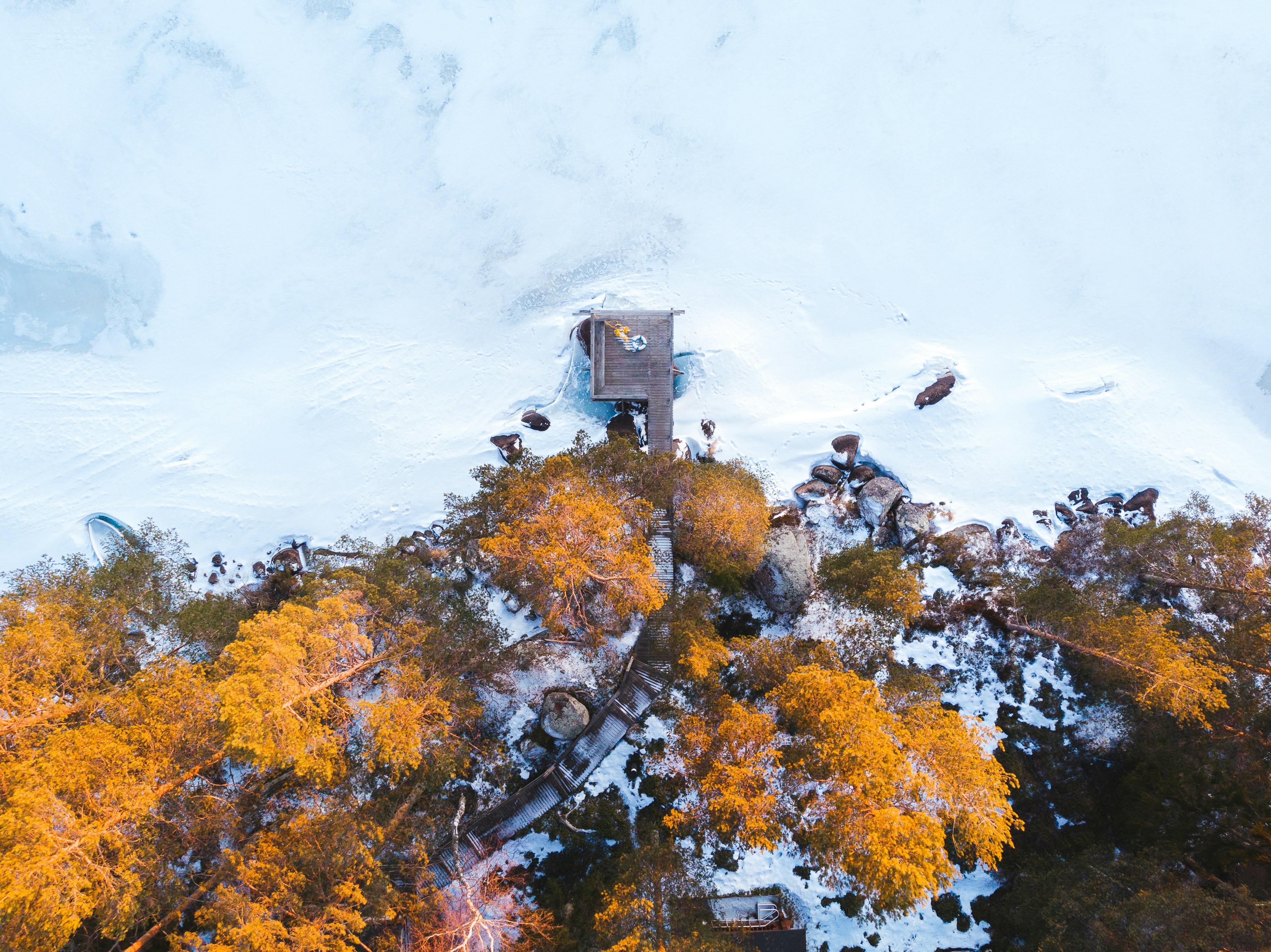 Snowbound Overlook: Autumn Trees and Cabin Amid Frost