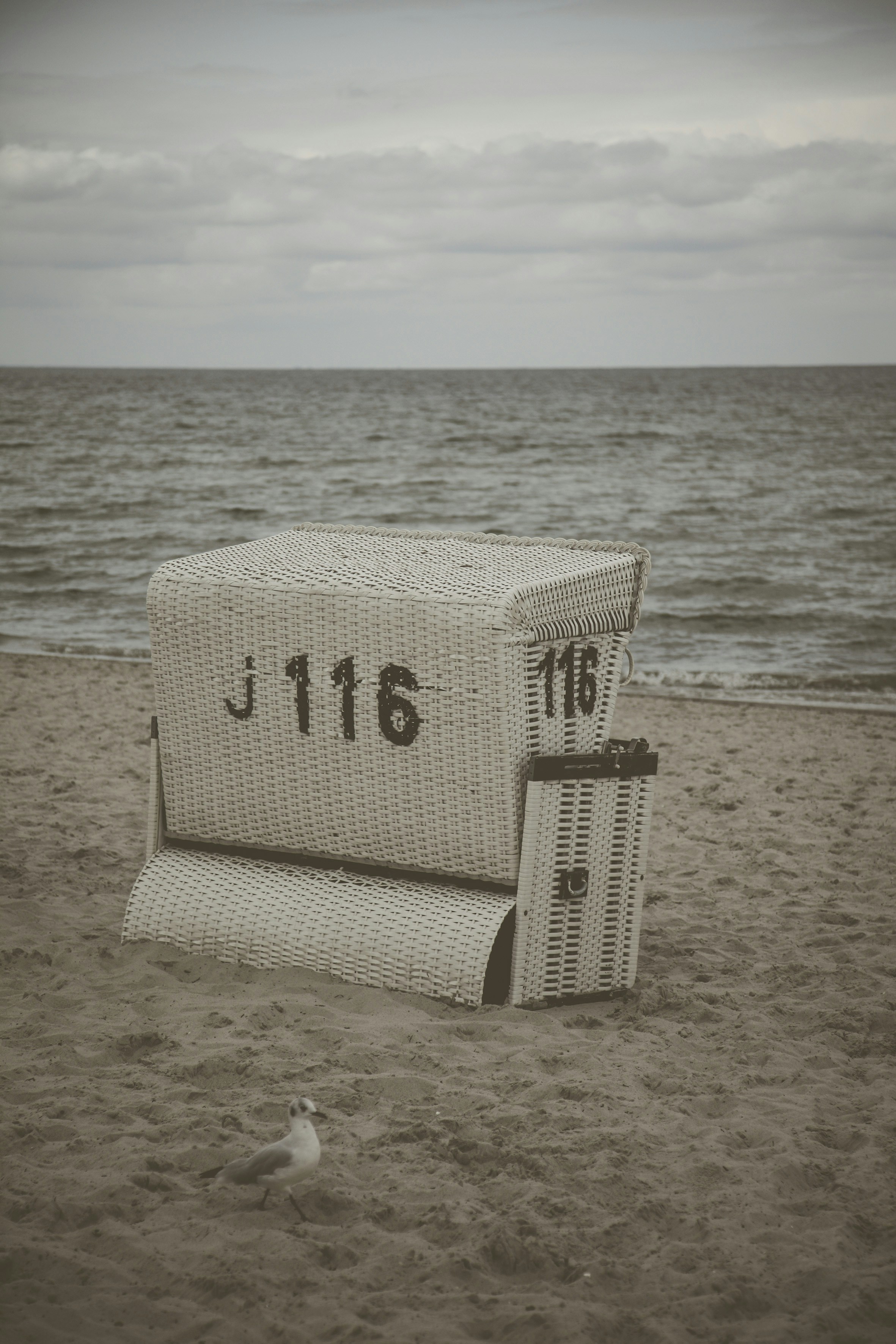 Woven Sentinel on a Quiet Beach: A Sepia Moment by the Sea