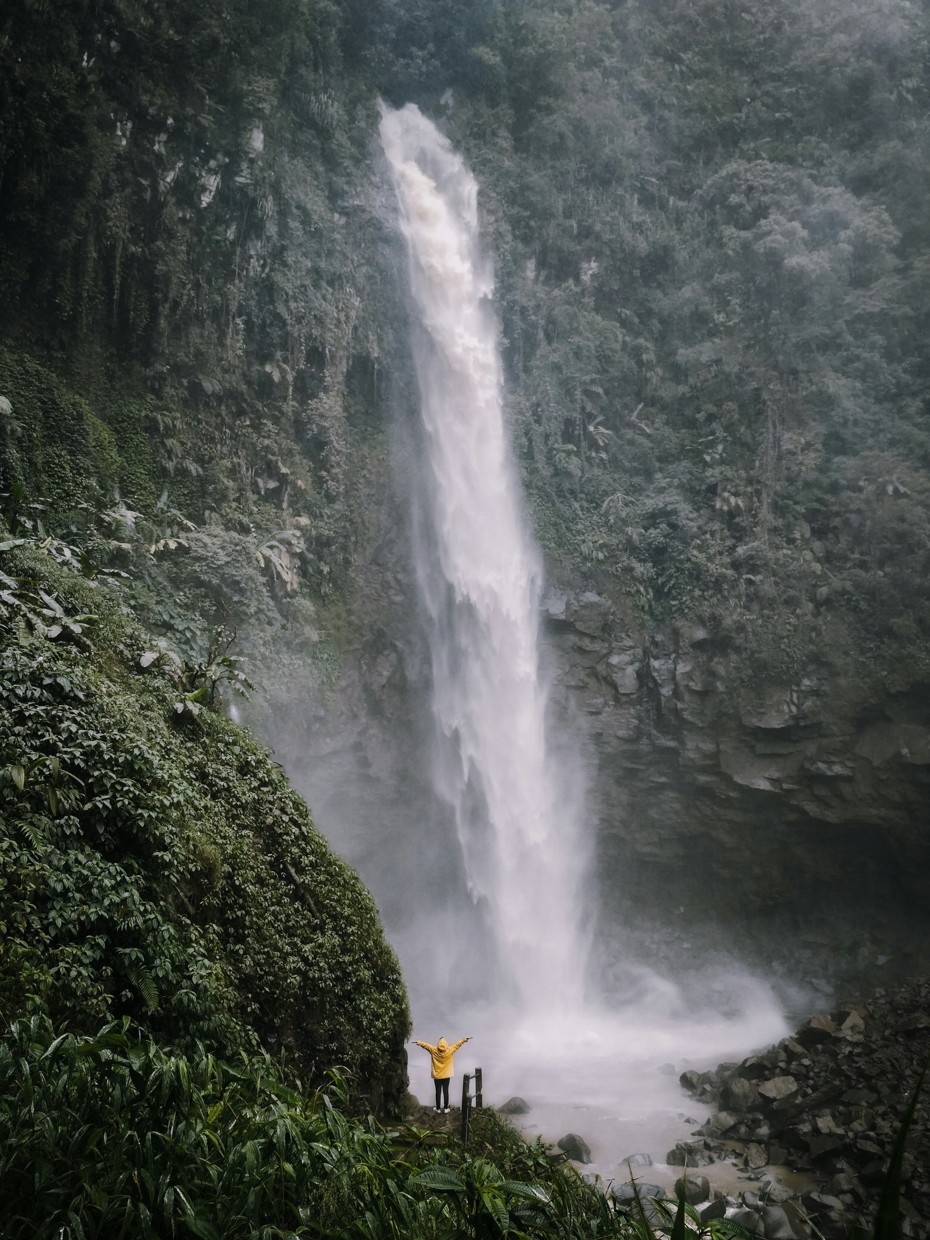 A vibrant figure in a yellow shirt stands before a majestic waterfall, surrounded by lush greenery and mist. The scene captures the essence of exploration and natural beauty.