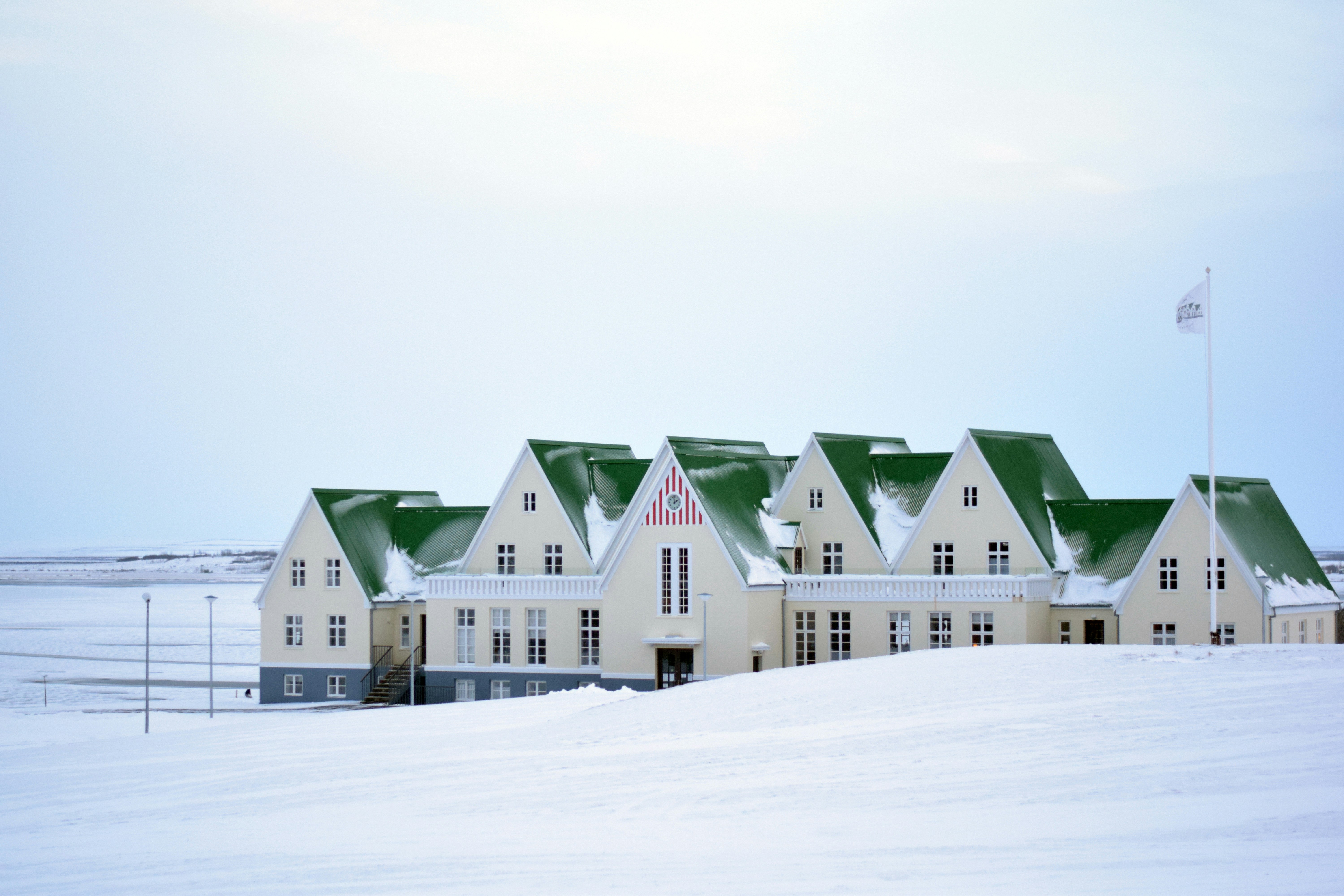Green-Roofed Nordic Cottages on a Snow-Blanketed Plain